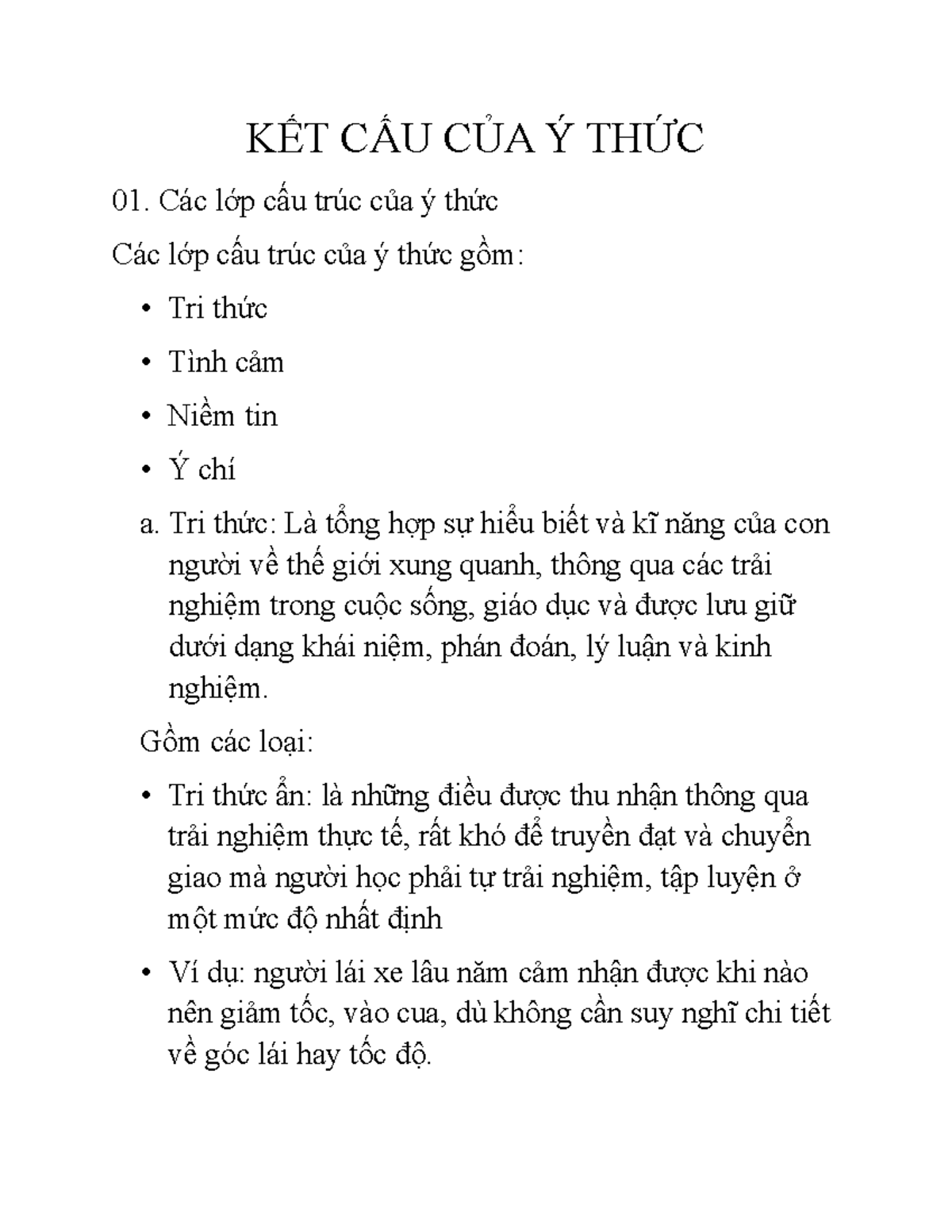 KẾT CẤU CỦA Ý THỨC: Các lớp và cấp độ ý thức trong triết học - Studocu