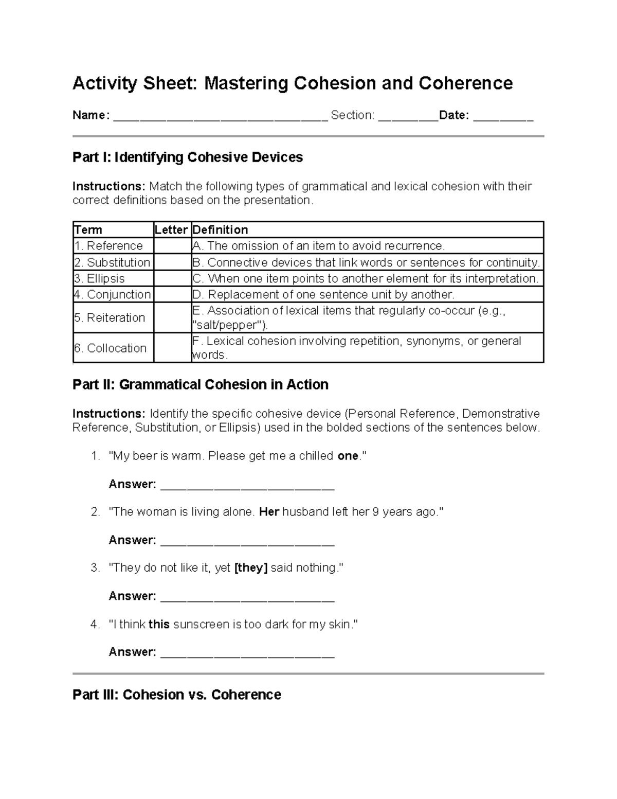 Cohesion & Coherence Activity Sheet: Mastering Devices - Studocu