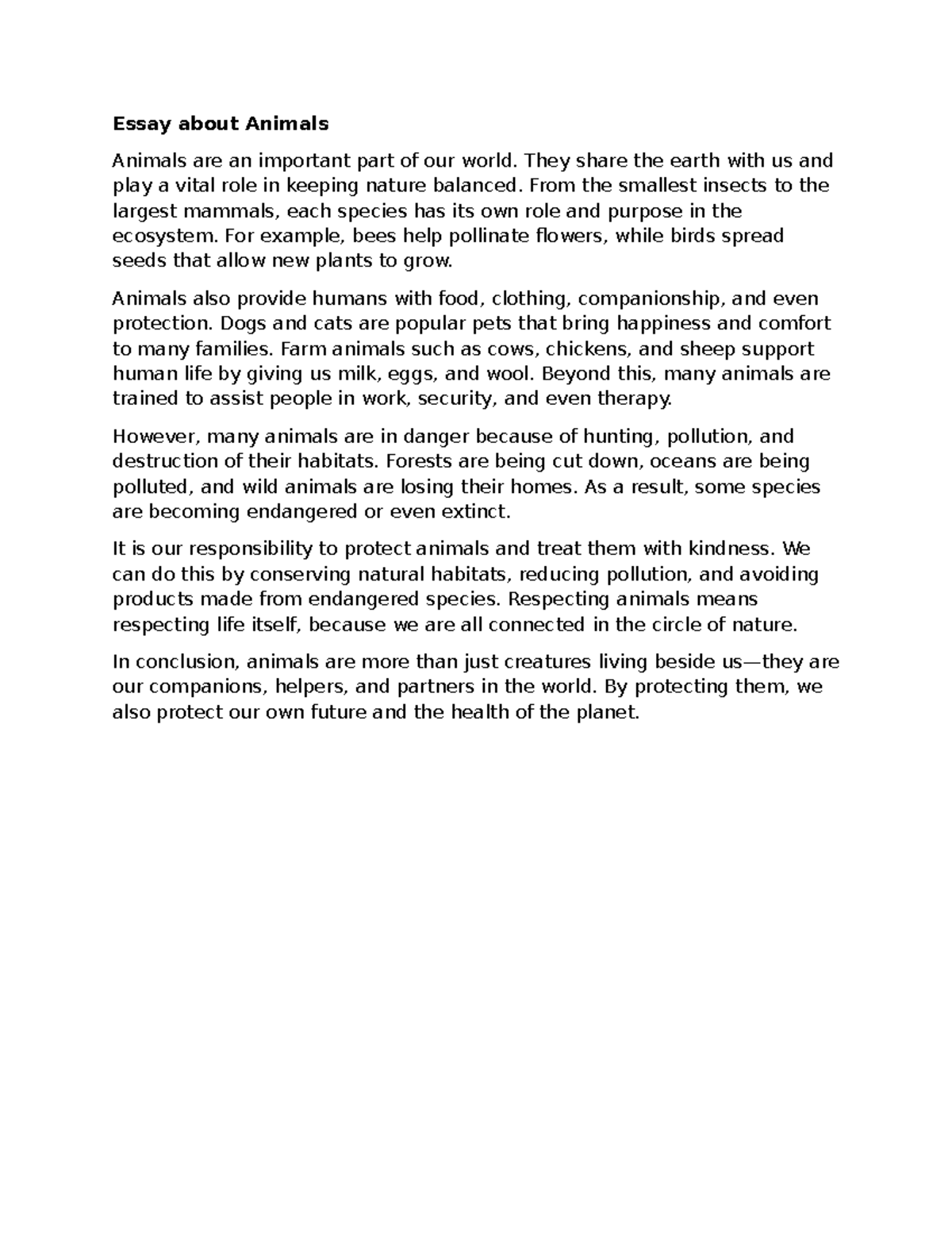 Essay on the Importance of Animals in Our Ecosystem - Studocu