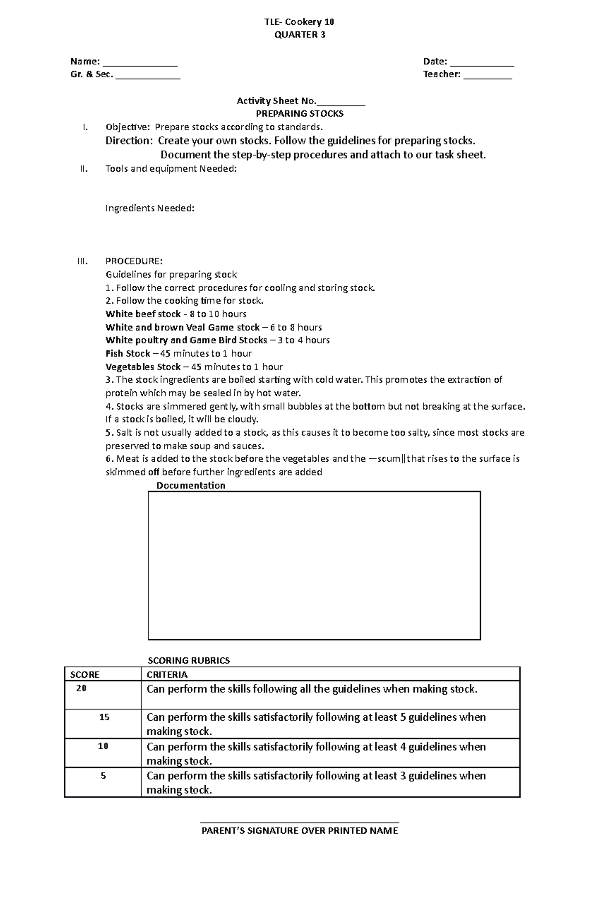 TLE-Cookery 10: Activity Sheet on Stocks, Soups & Sauces Preparation ...