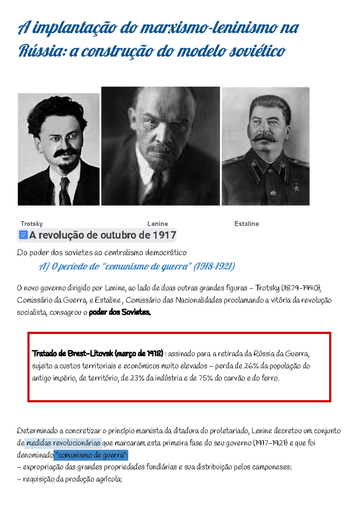 A Implantação do Marxismo-Leninismo na Rússia: Modelo Soviético - Studocu