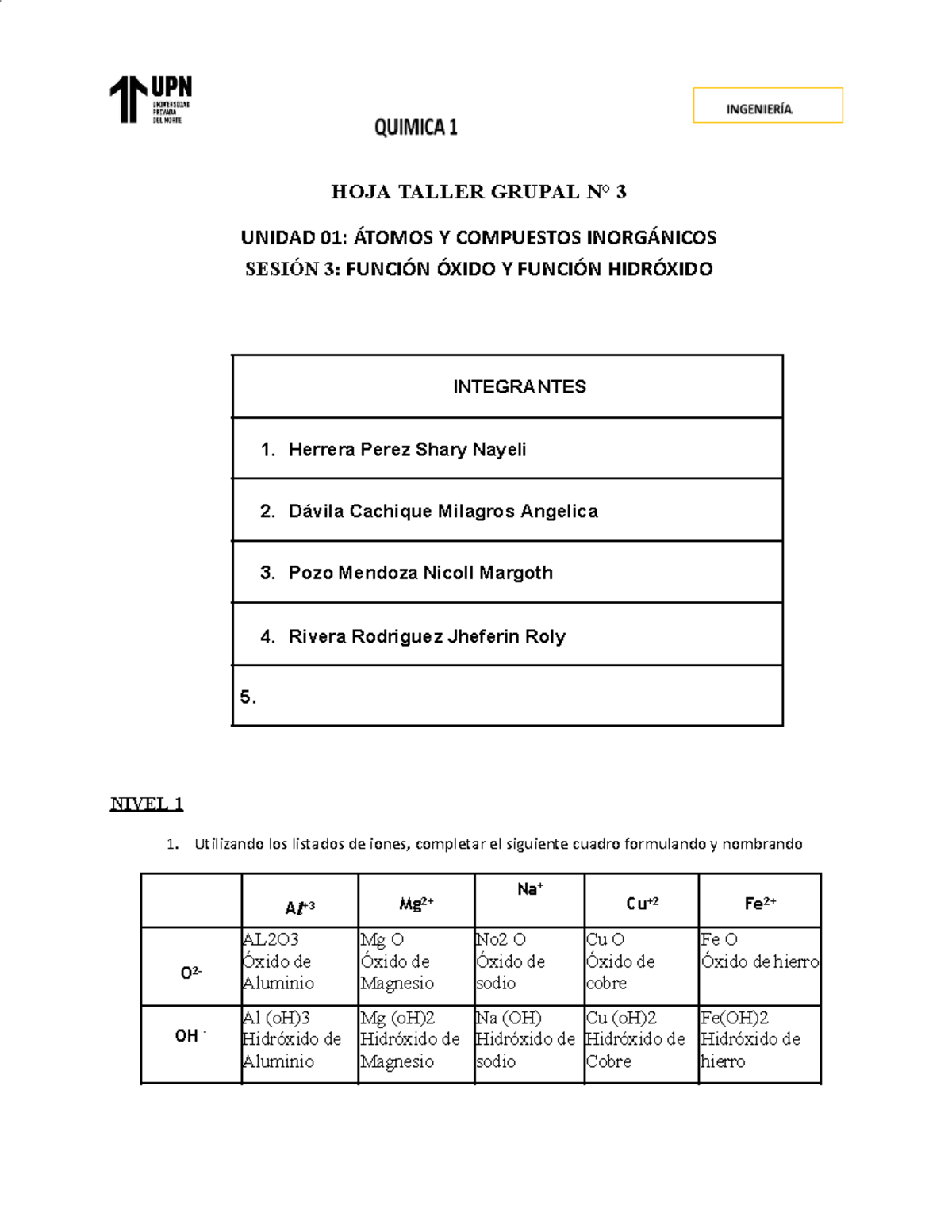 Hoja Taller Grupal N° 3 Óxidos y Hidróxidos - HOJA TALLER GRUPAL N° 3 UNIDAD 01: ÁTOMOS Y ...