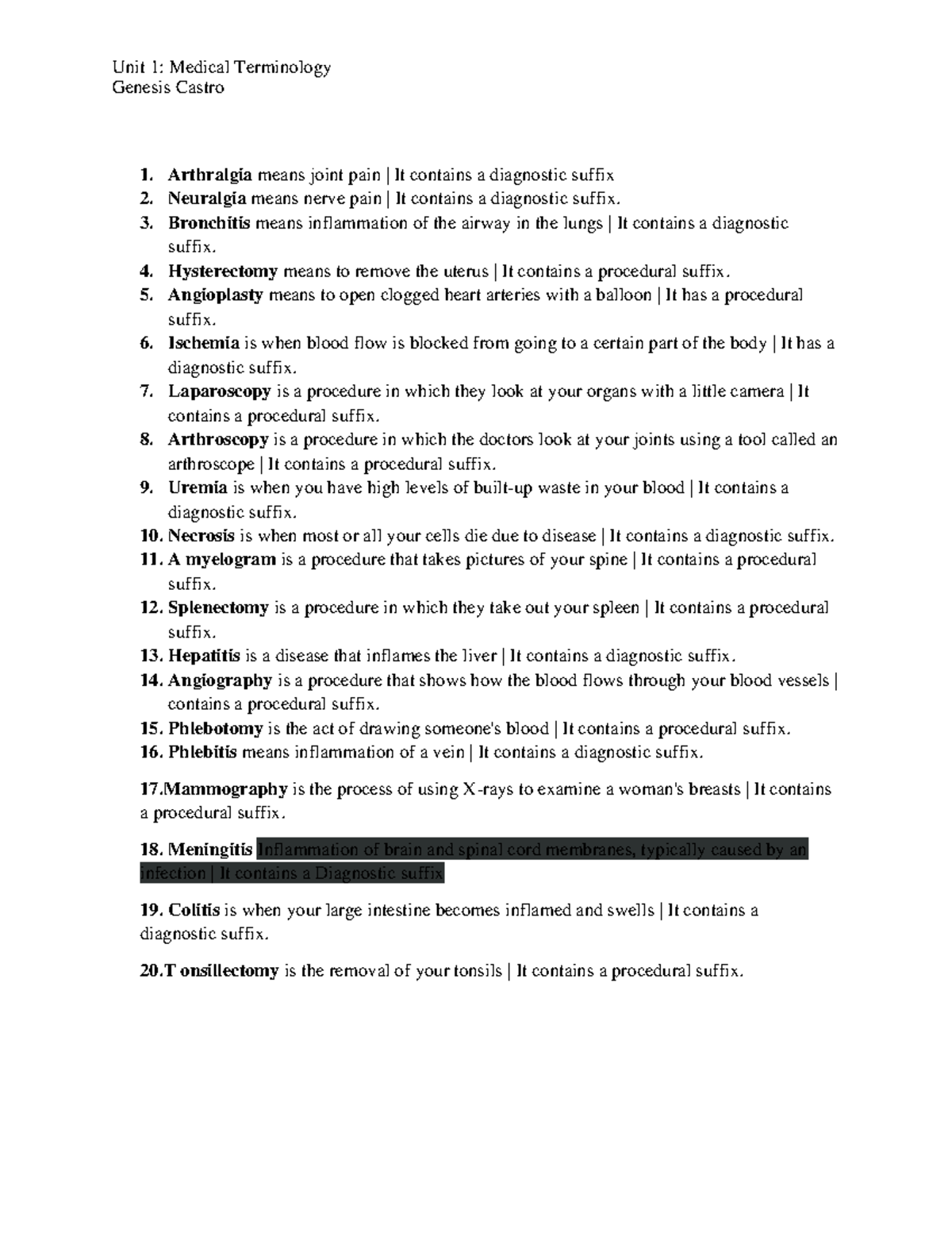 Unit 1. Medical Terminology - Unit 1: Medical Terminology Genesis ...