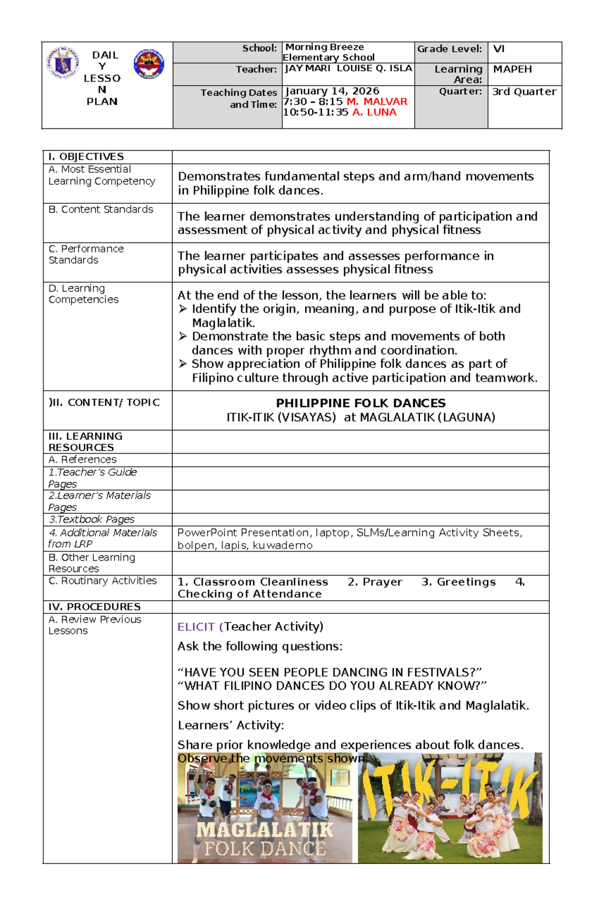 PE6PF IIIa i 2(2025-26) - Daily Lesson Plan on Philippine Folk Dances ...