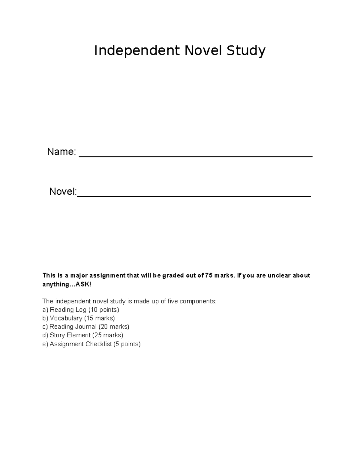 Independent Novel Study Assignment Guide - Studocu