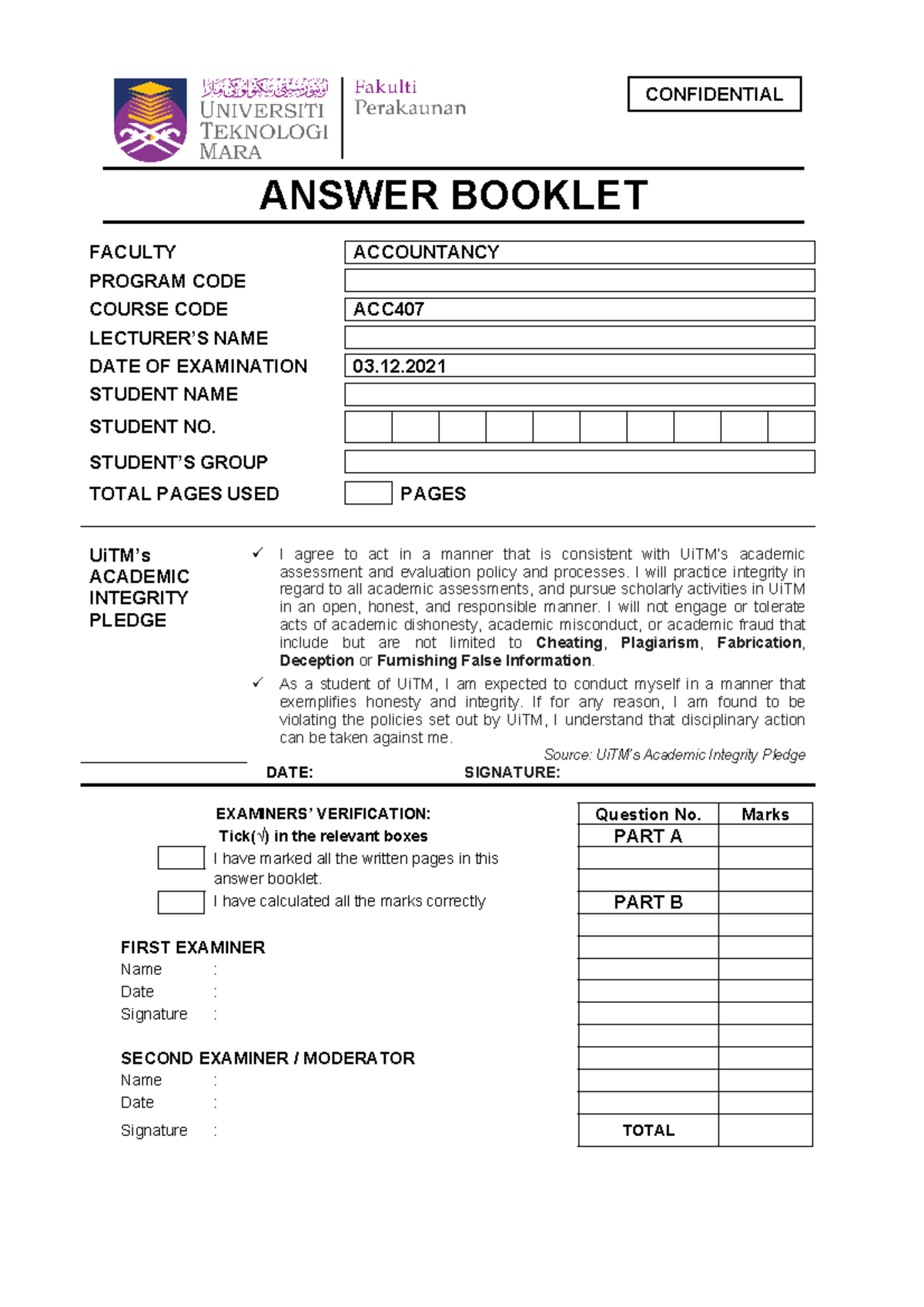 Exam 1 - tutorial work - ANSWER BOOKLET FACULTY ACCOUNTANCY PROGRAM ...