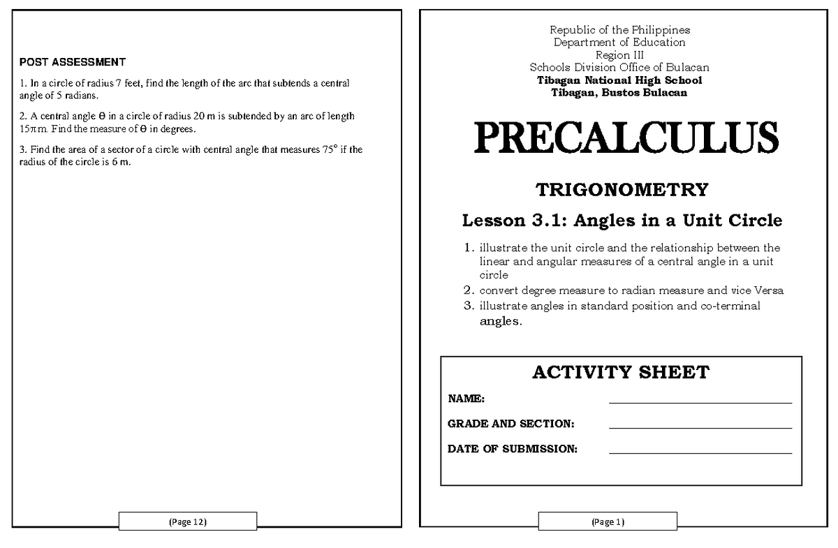 Precal Q2 - WEEK 4: Angles & Arc Length in Trigonometry - Studocu