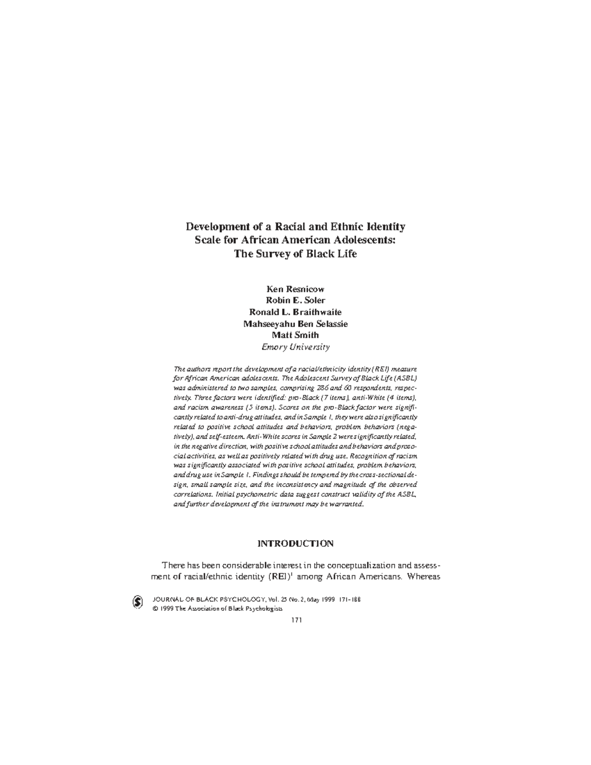 Development of a Racial and Ethnic Identity Scale for African American ...