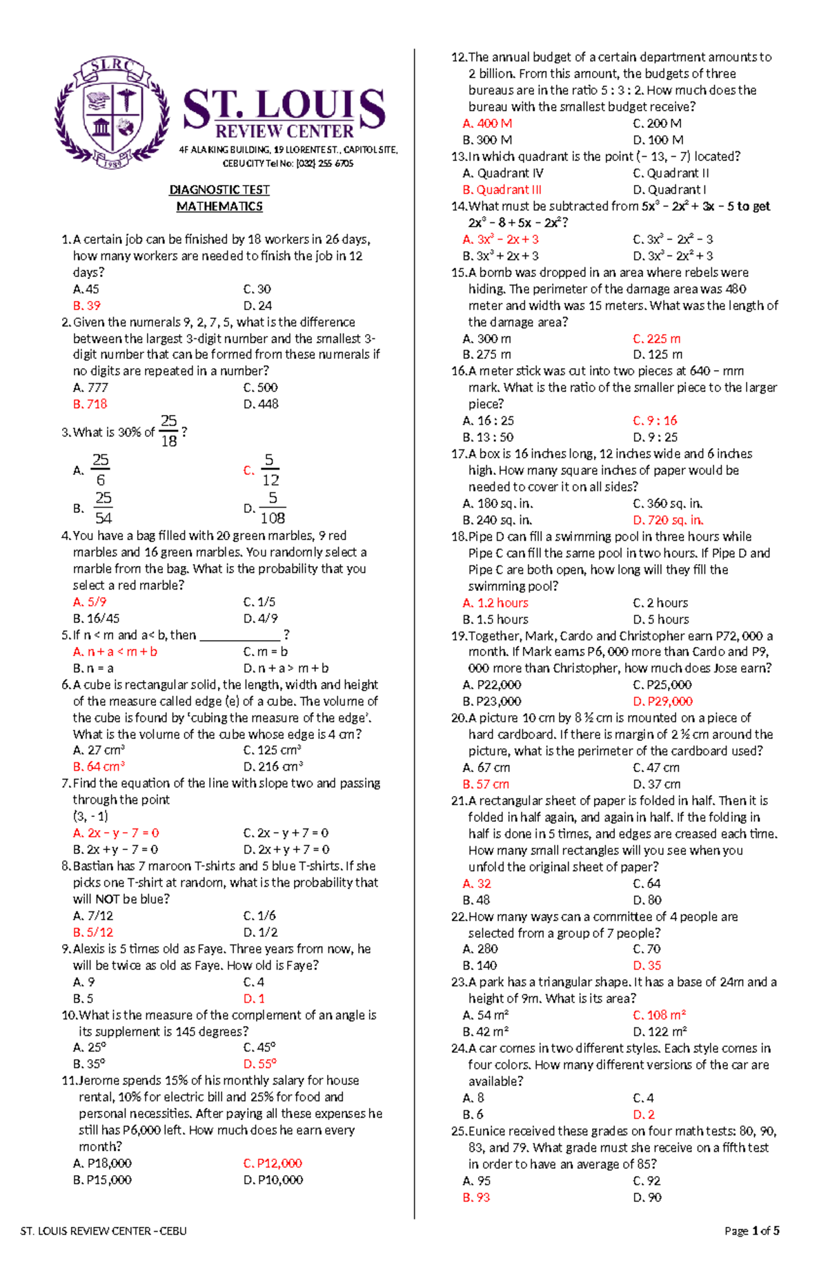 MATH 101 - Diagnostic Test Questions and Answers - Studocu
