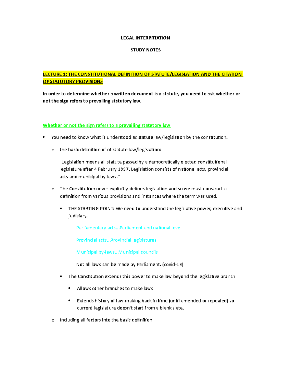 Legal Interpretation: Study Notes for LAW 101 Lectures and Statutes ...