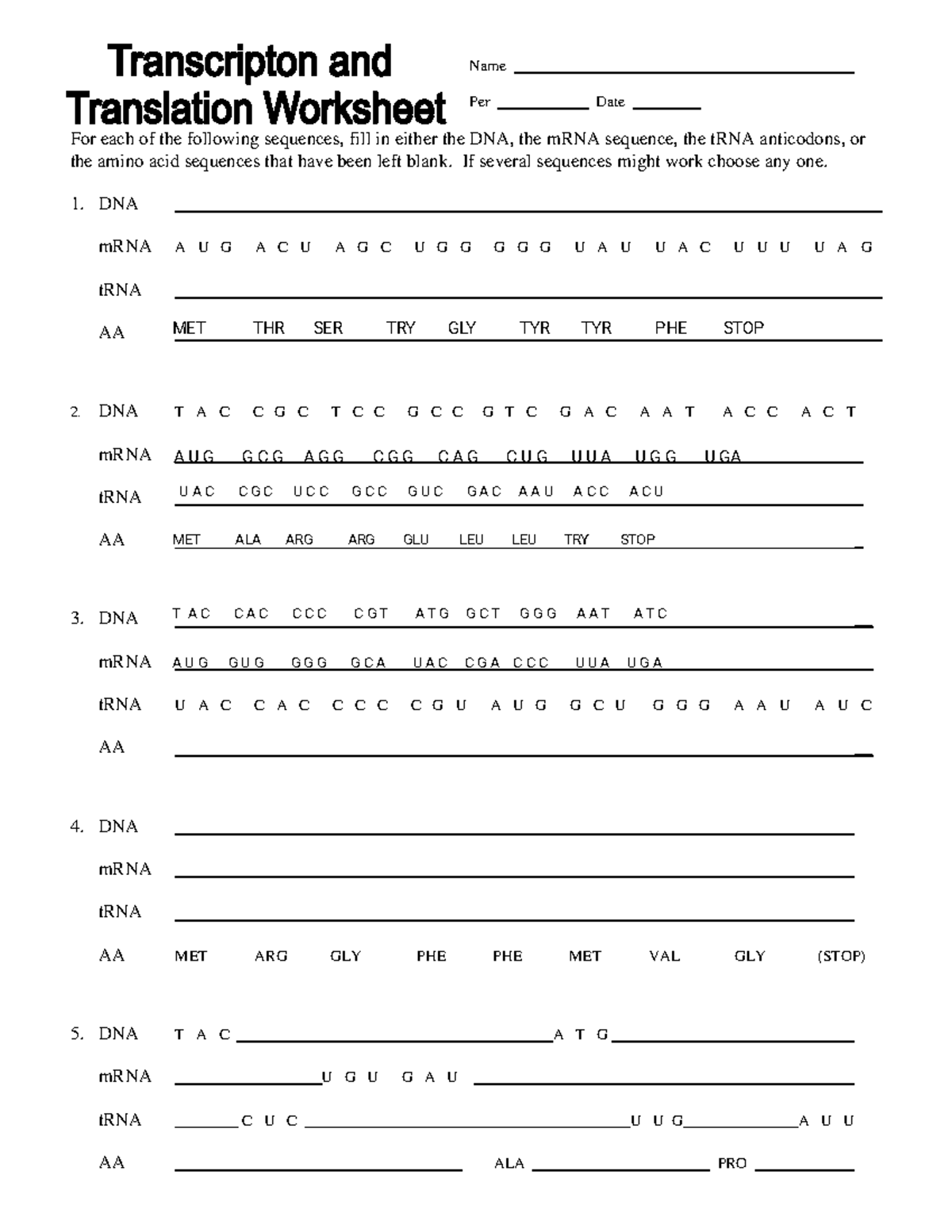 Transcription and Translation Practice - Course Code: BIO101 - Studocu