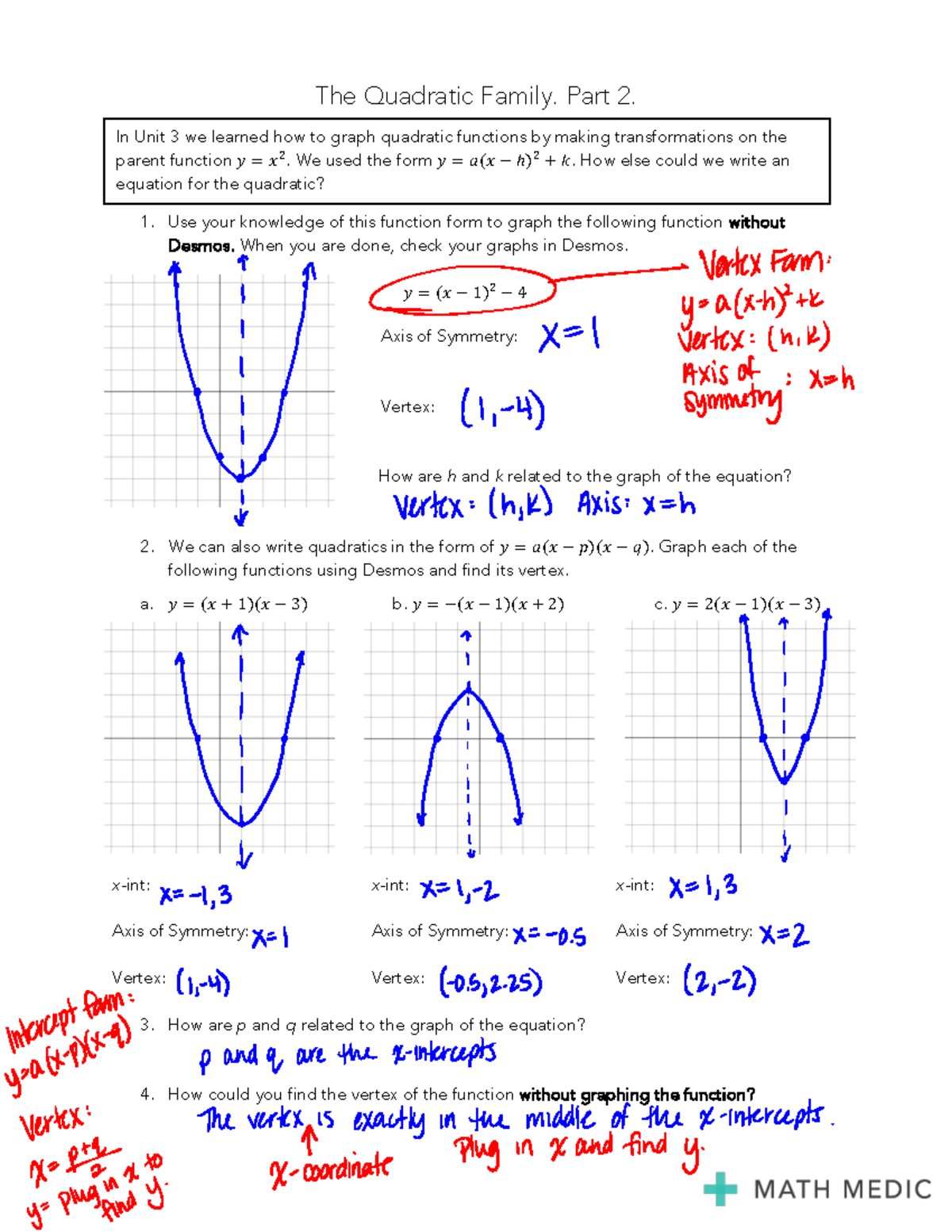 Lesson 6 Answer Key: Graphing Quadratic Functions (Algebra 2) - Studocu