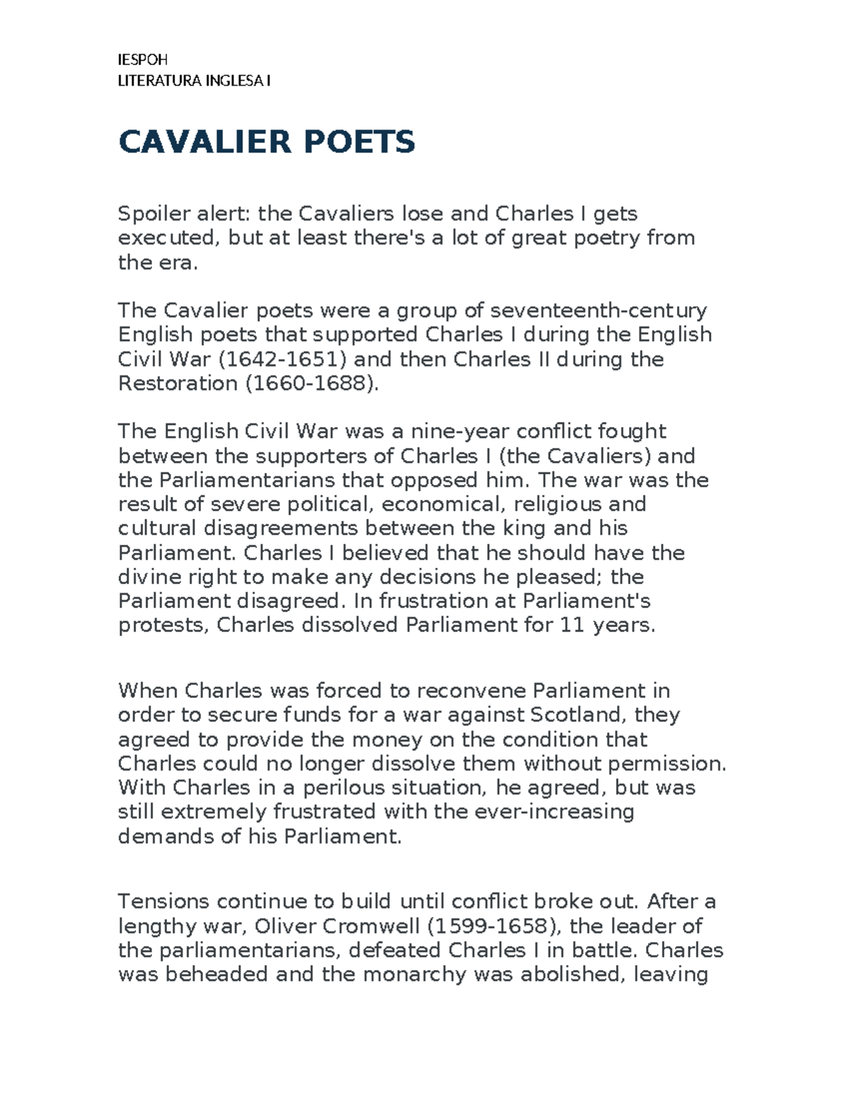 Cavalier Poets Overview - Literatura Inglesa I Session 2 - Studocu
