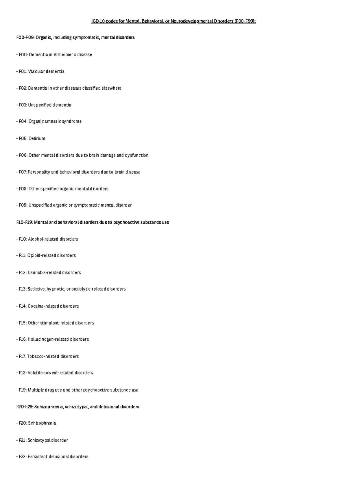 Here are the ICD-10 codes for Mental, Behavioral, or Neurodevelopmental ...