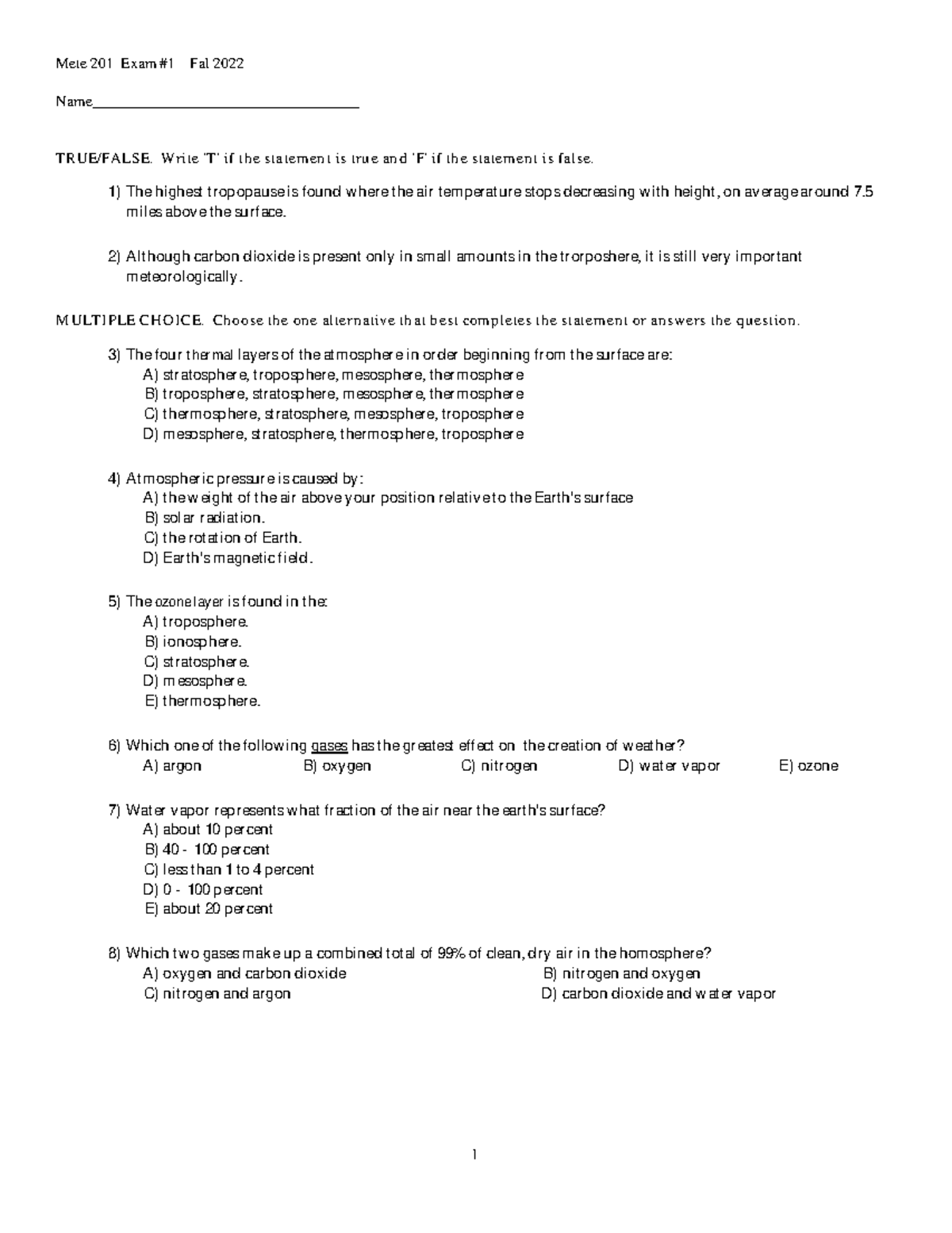 Mete 201 Exam Fall 2022: True/False & Multiple Choice Questions - Studocu