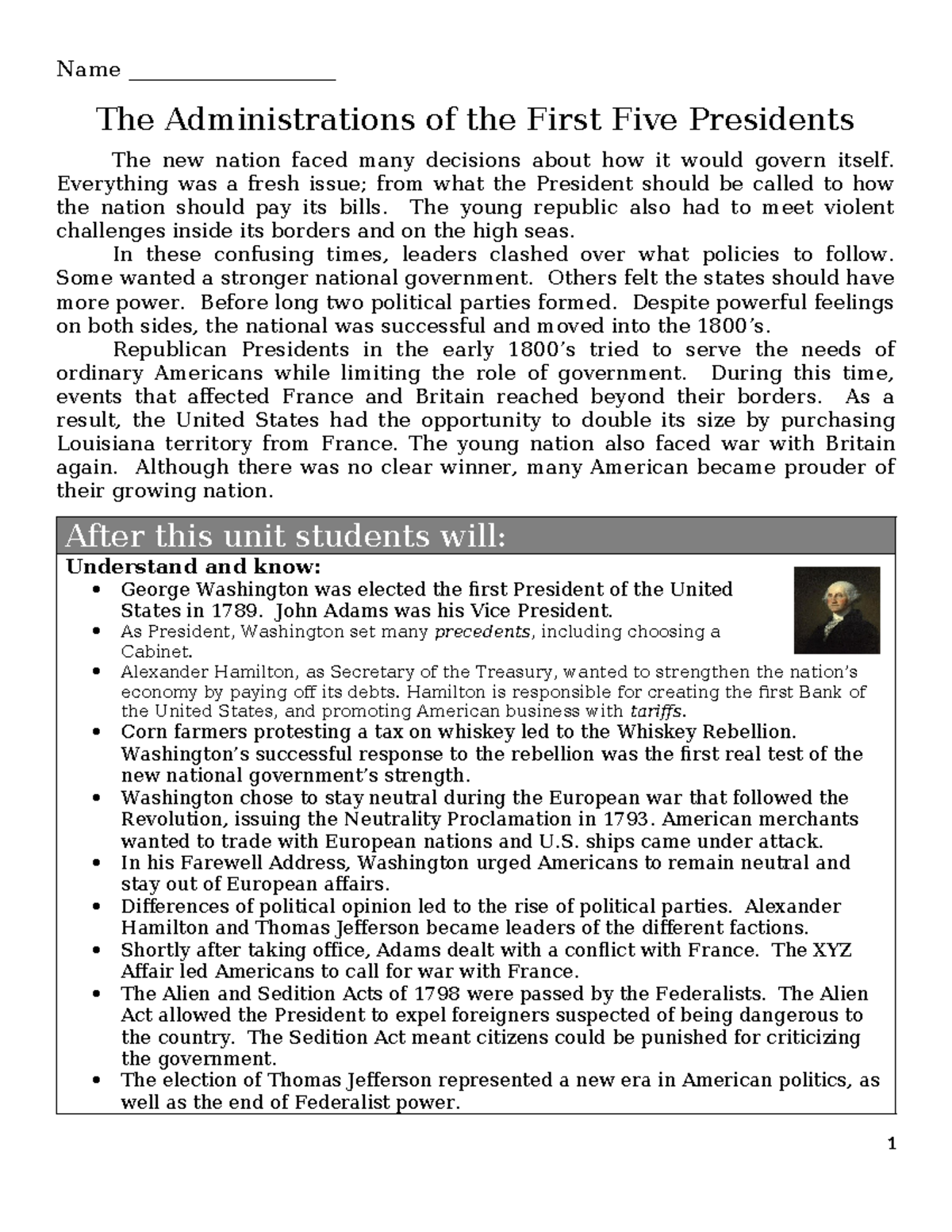 First Five Presidents Packet 2024 - ####### Name ...