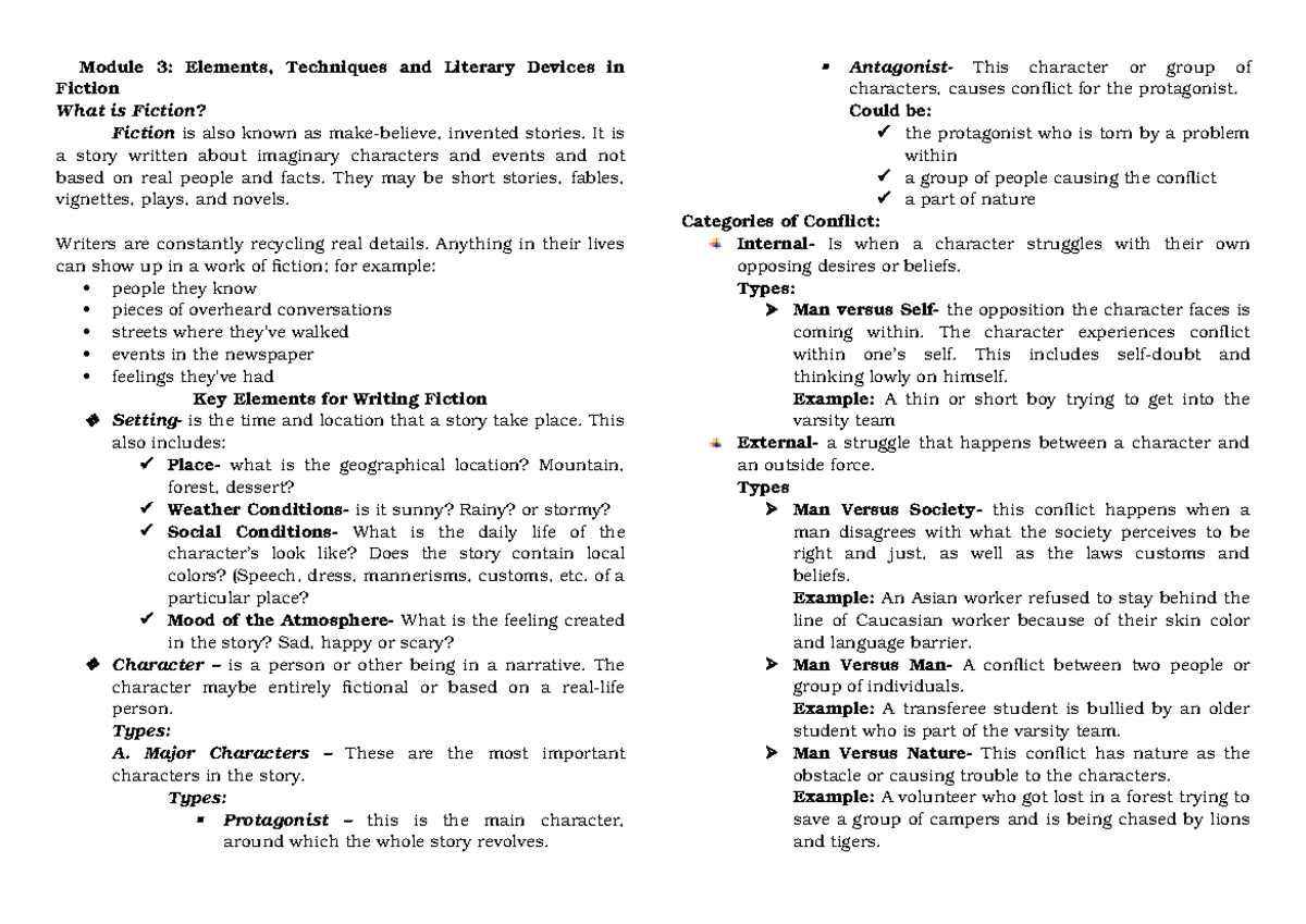 Creative Writing Q3: Elements & Techniques in Fiction - Studocu