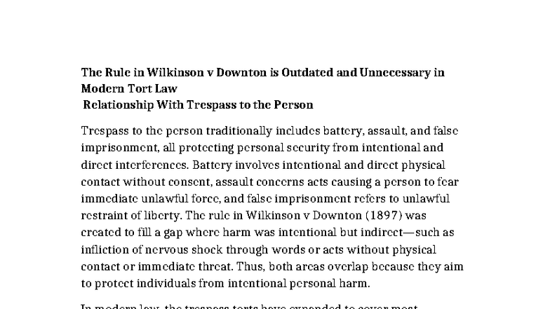 Wilkinson v Downton: Reassessing Its Relevance in Modern Tort Law - Studocu