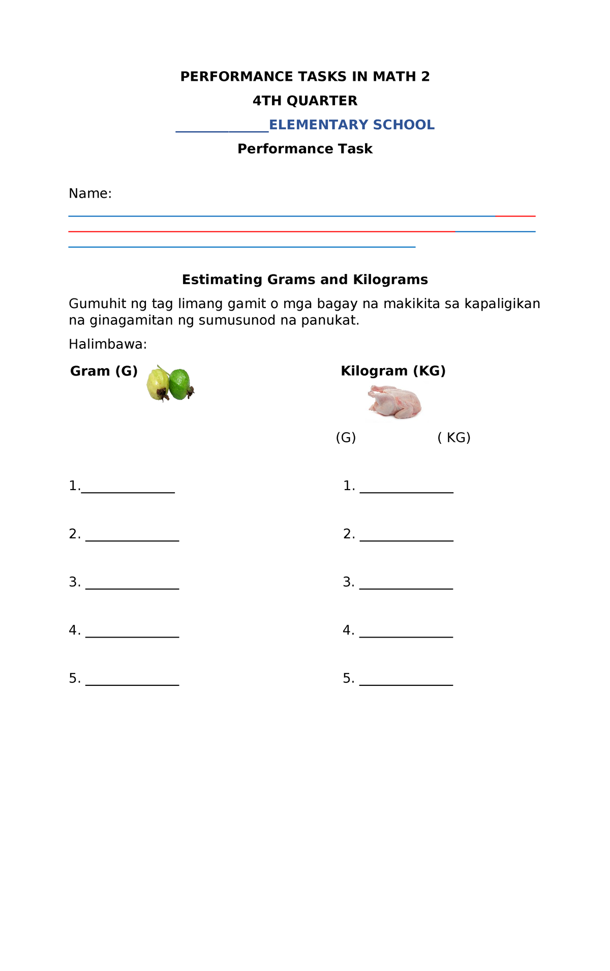 MATH grade 2 Estimating Kilograms and Grams - PERFORMANCE TASKS IN MATH ...