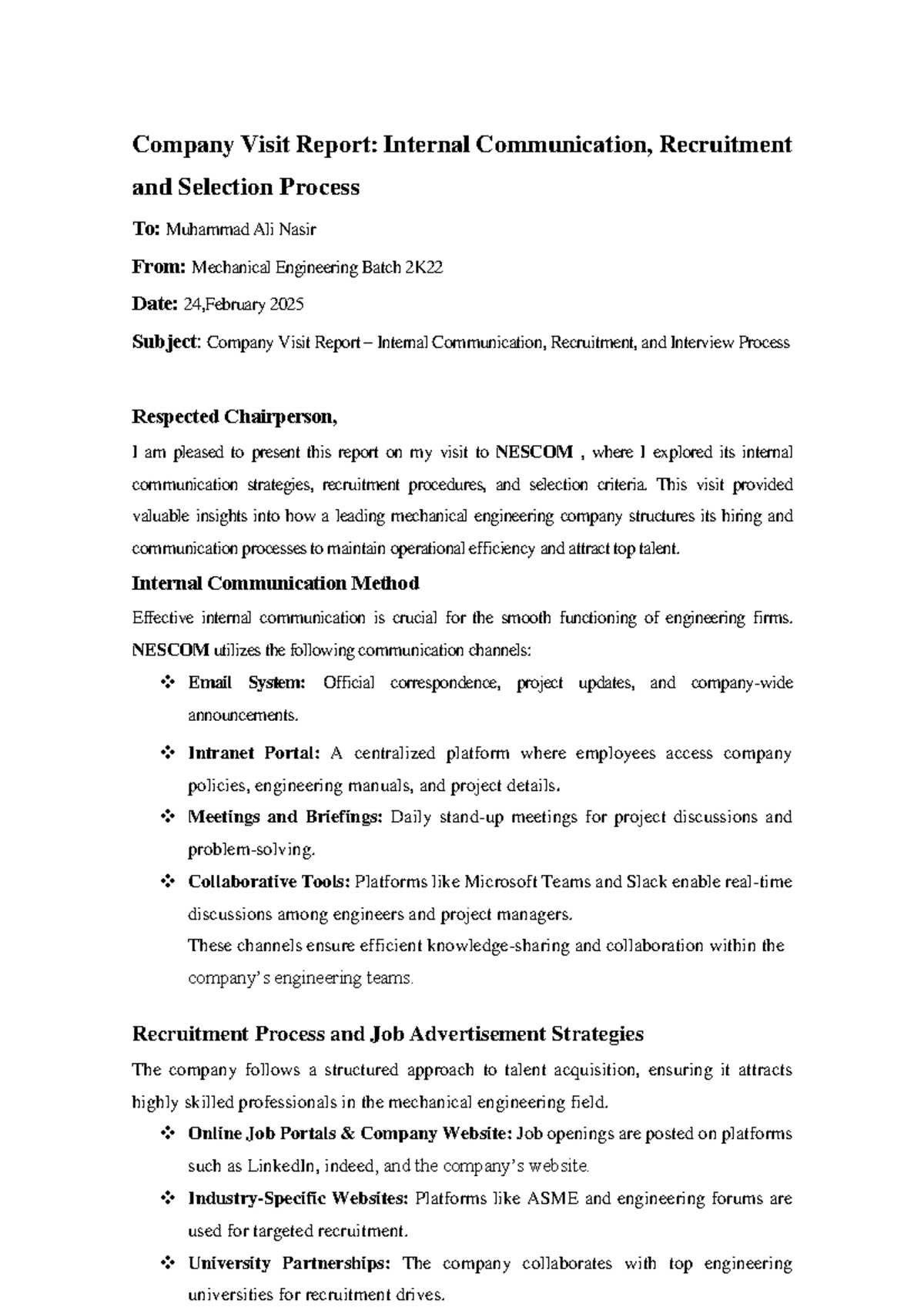 Company Visit Report: NESCOM's Internal Communication & Recruitment ...