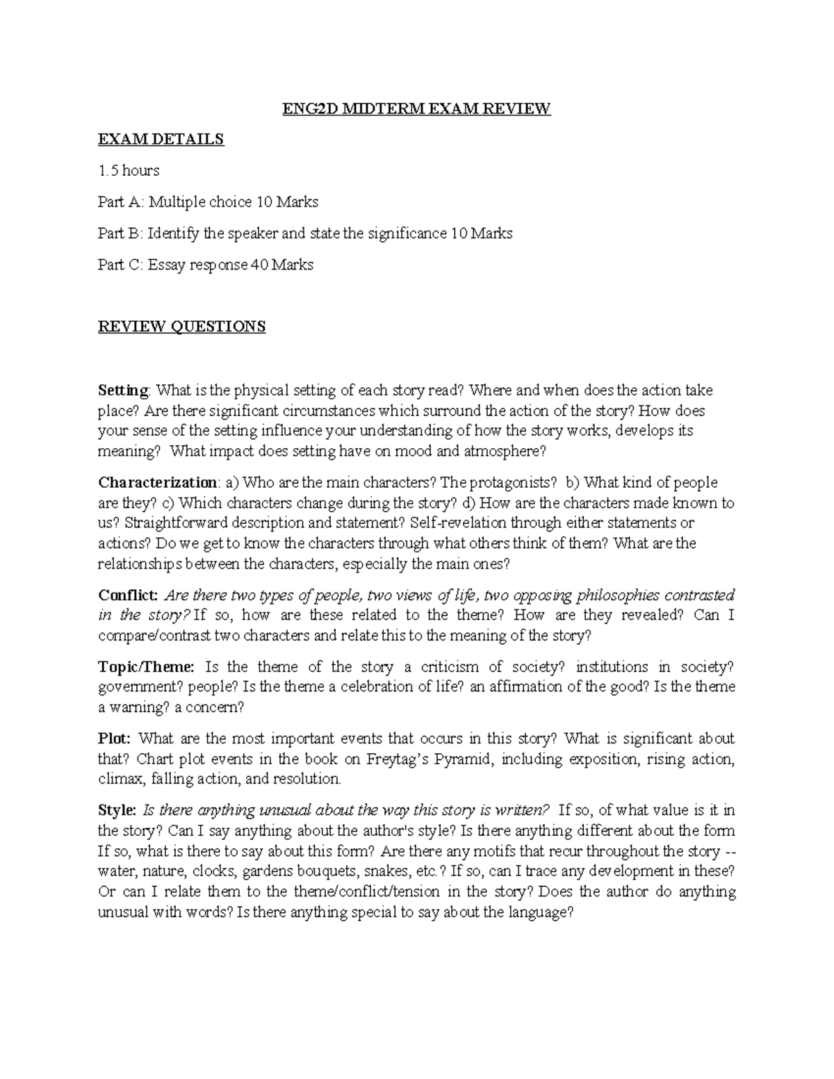 Midterm+Review+Questions - ENG2D MIDTERM EXAM REVIEW EXAM DETAILS 1 ...