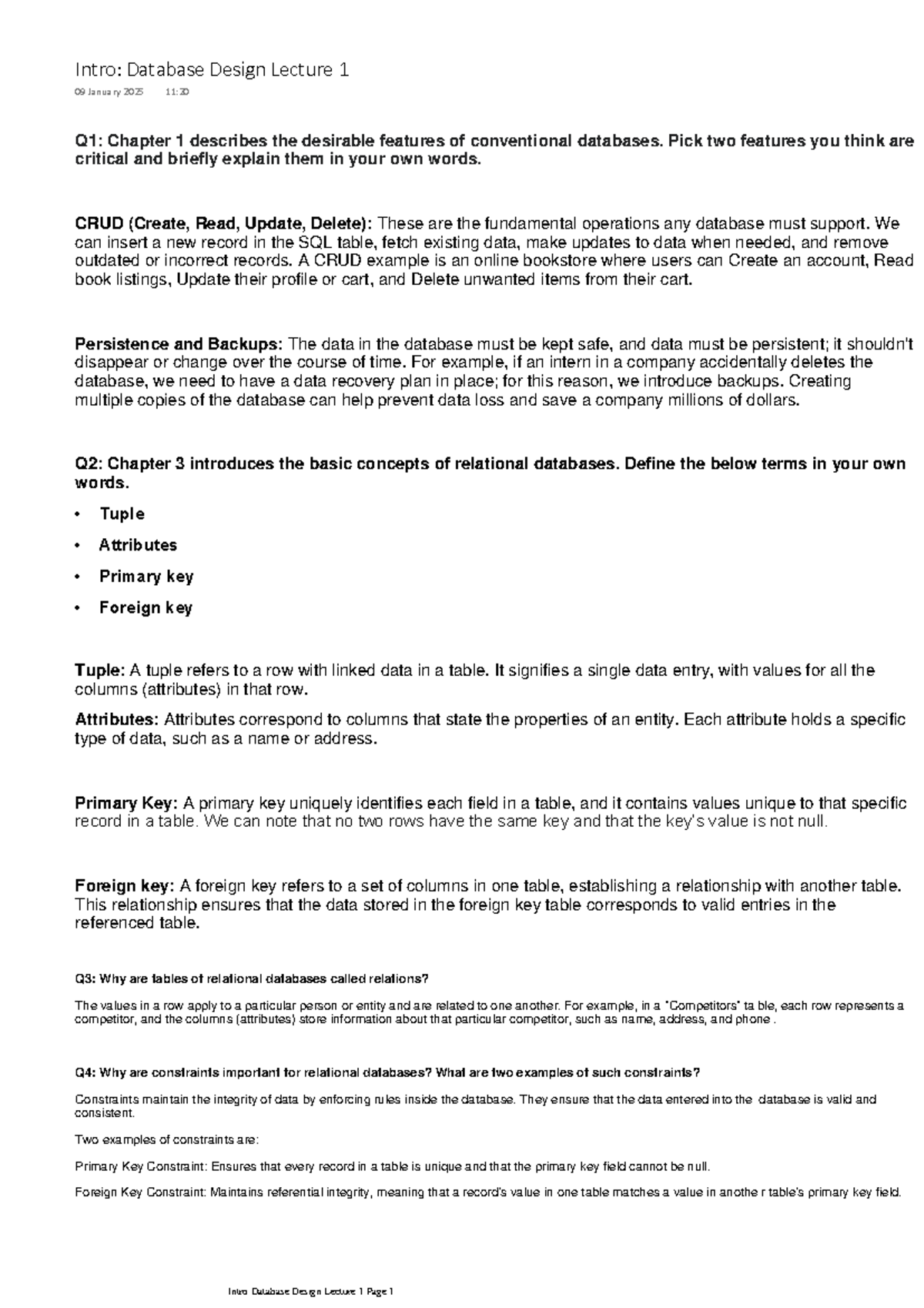 Database Design Midterm Notes 2025 Key Concepts And Models Q1 Chapter 1 Describes The