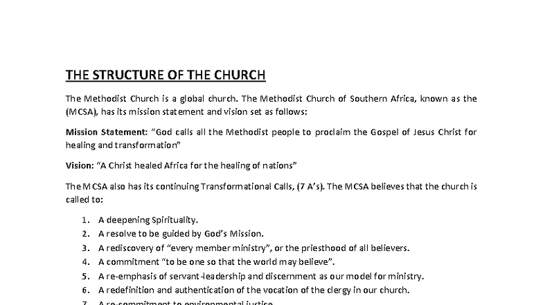 MCSA 1100: Structure and Mission of the Methodist Church - Studocu