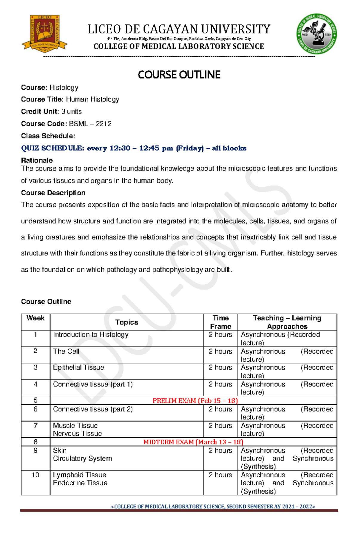 BSML-2212 Histology Course Outline & Lecture Schedule 2021-2022 - Studocu