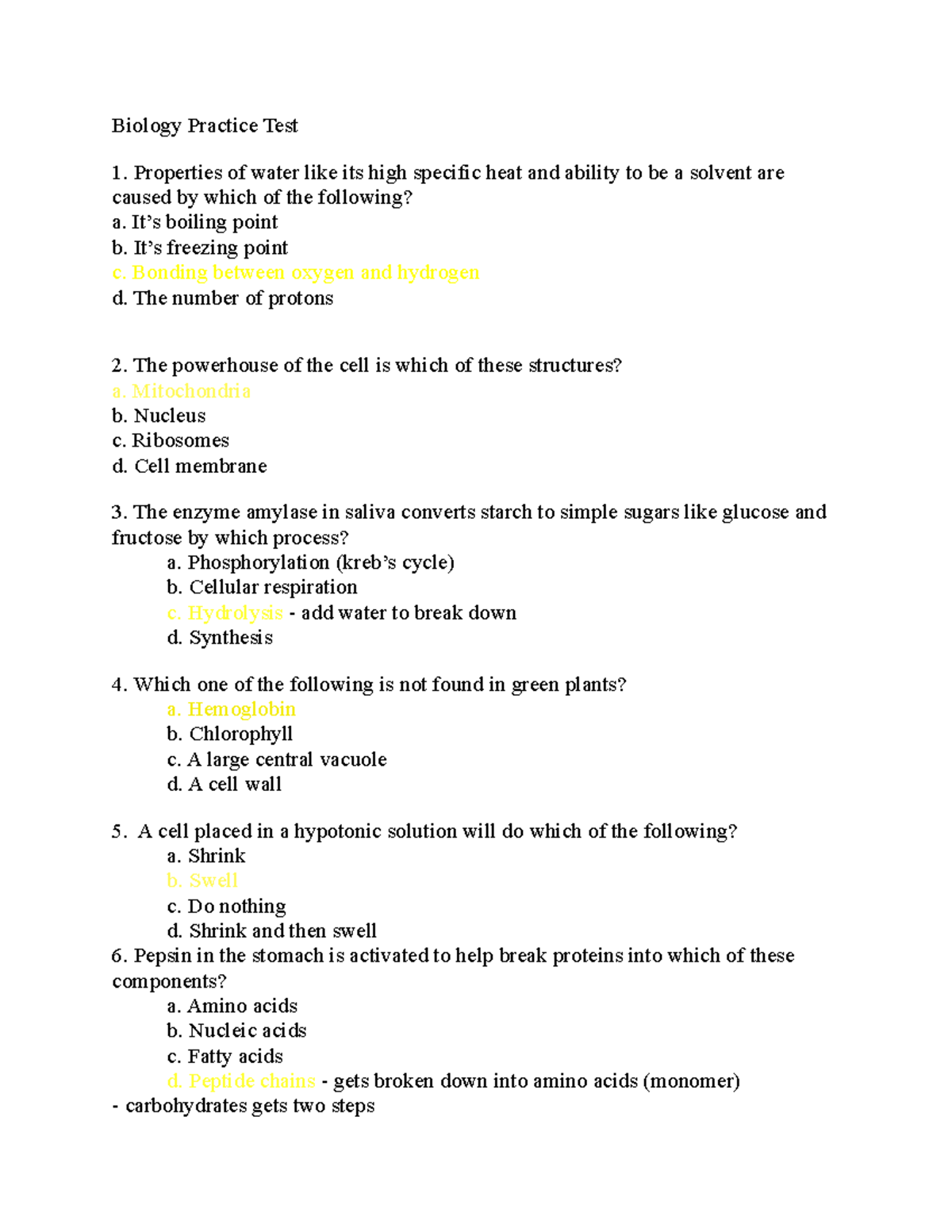 Biology Practice Test Questions H25Q - Studocu