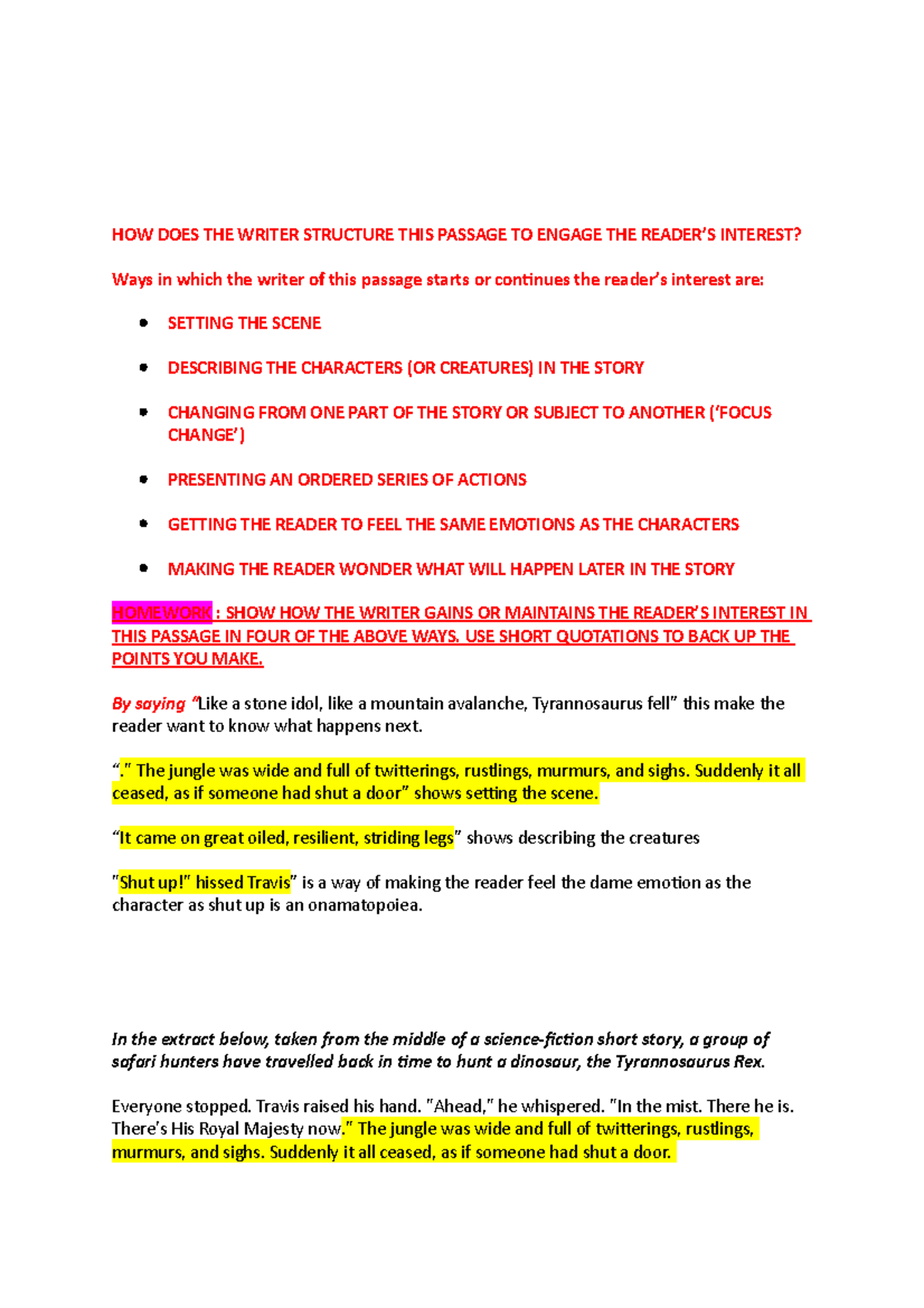AQA T REX Passage Analysis - Engaging the Reader's Interest Techniques ...
