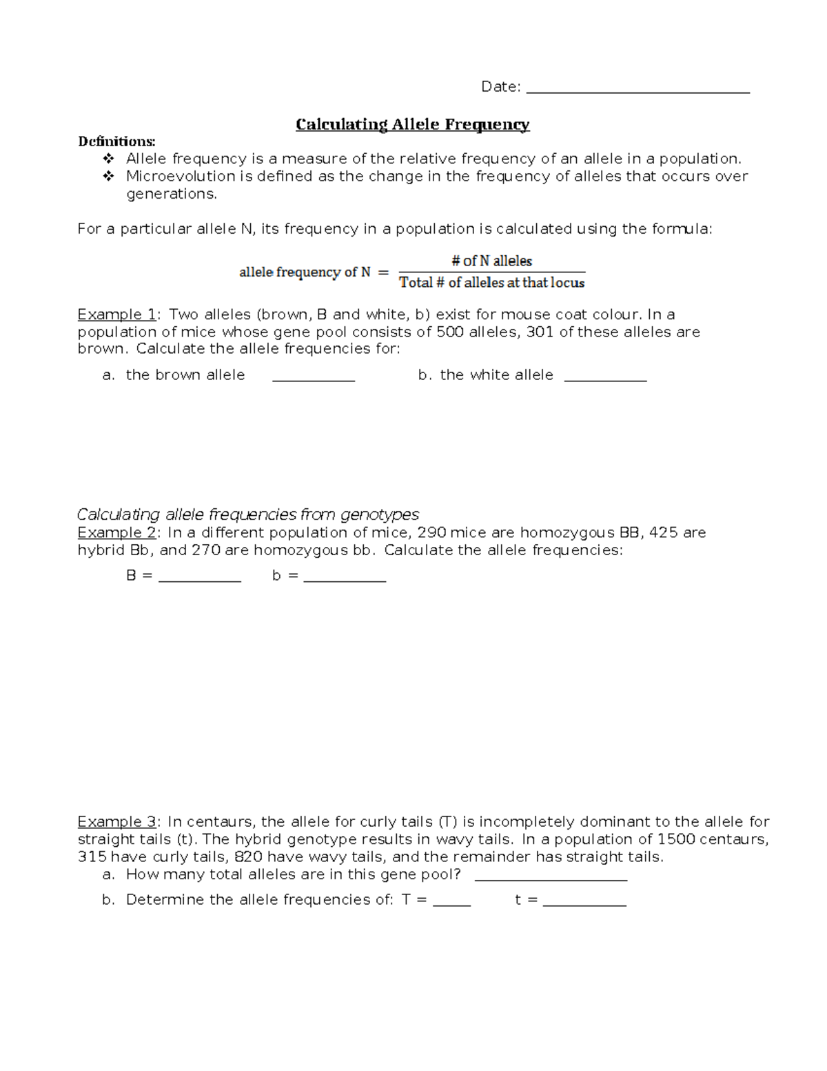Population Genetics Worksheet: Calculating Allele Frequencies - Studocu