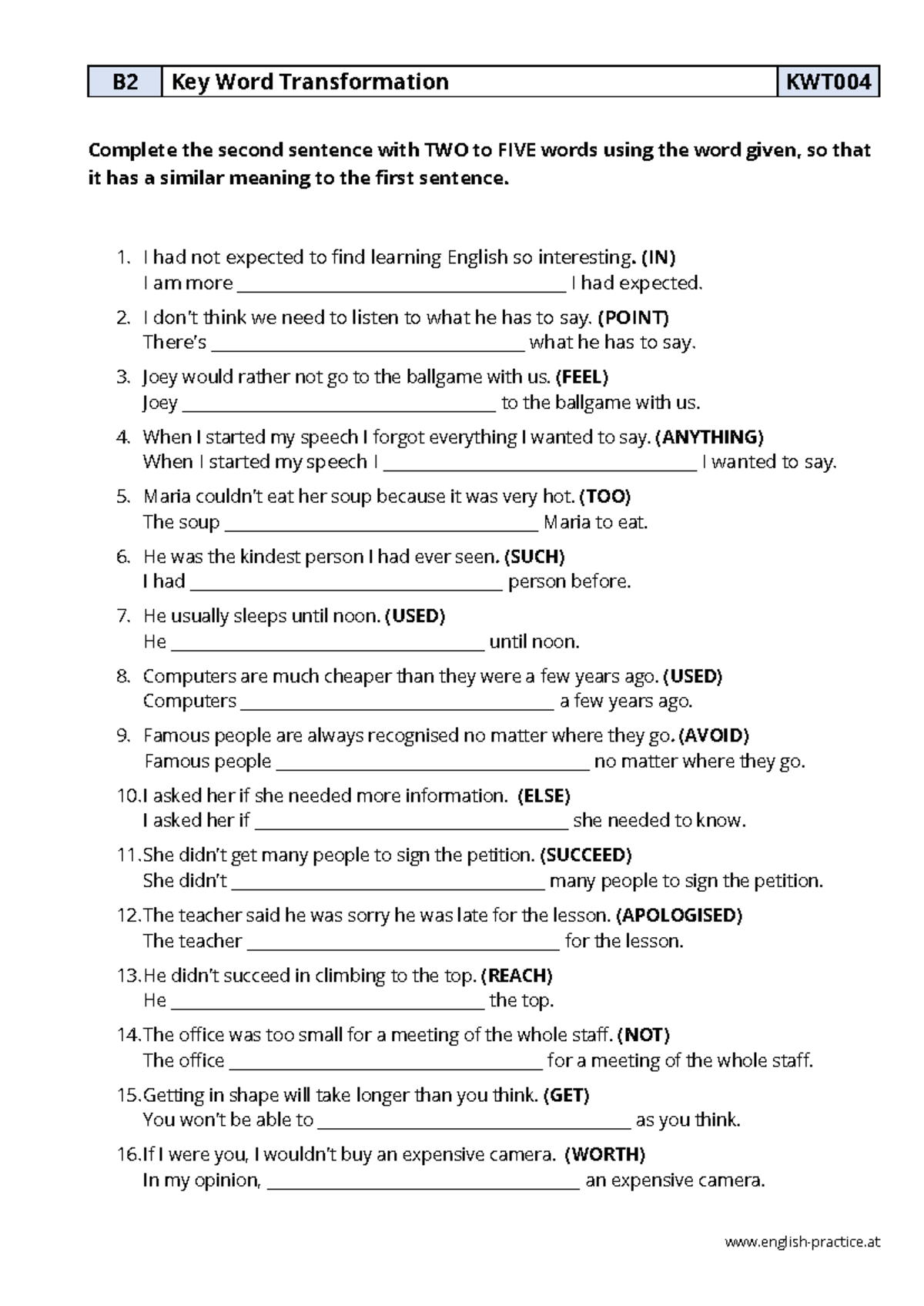 B2 Key Word Transformation Worksheet - KWT004 - Vocabulary Practice ...