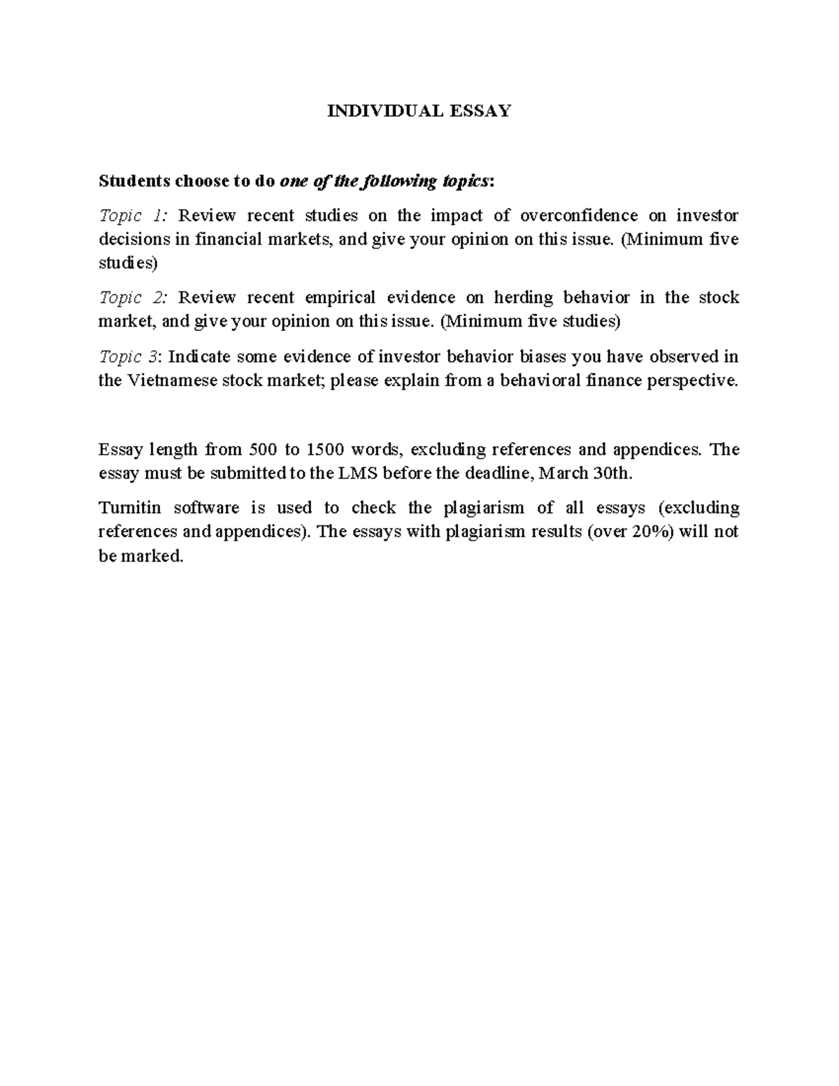 Individual Essay - Midterm Test 2025: Behavioral Finance Topics - Studocu