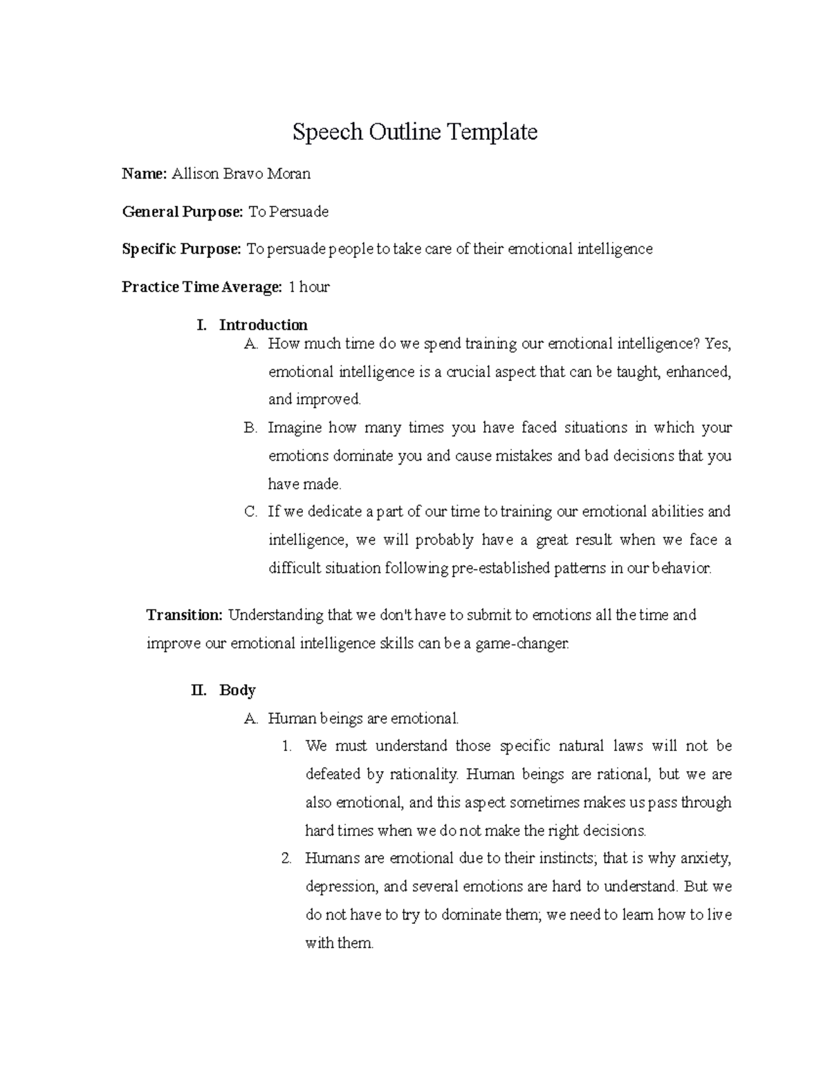 TED Talk Speech Outline on Emotional Intelligence Skills - Studocu