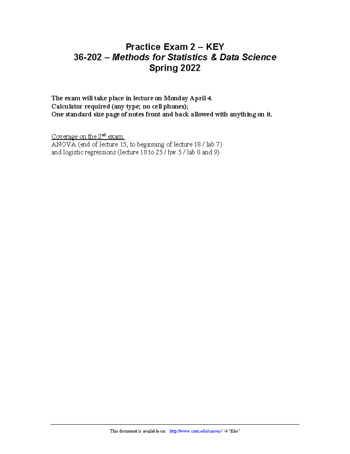 Practice Exam 2 Key - Methods for Statistics & Data Science 36-202 ...
