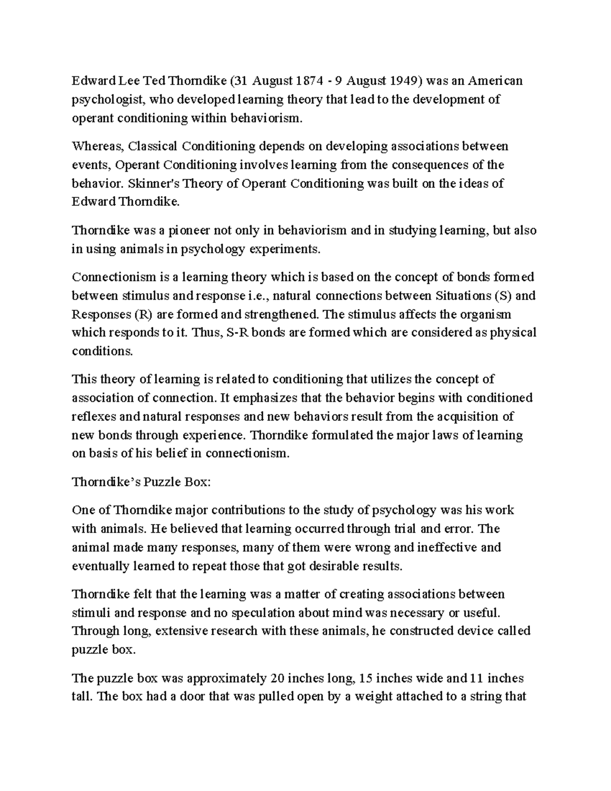 Psychology 101: Edward Lee Thorndike's Learning Theories and Laws - Studocu