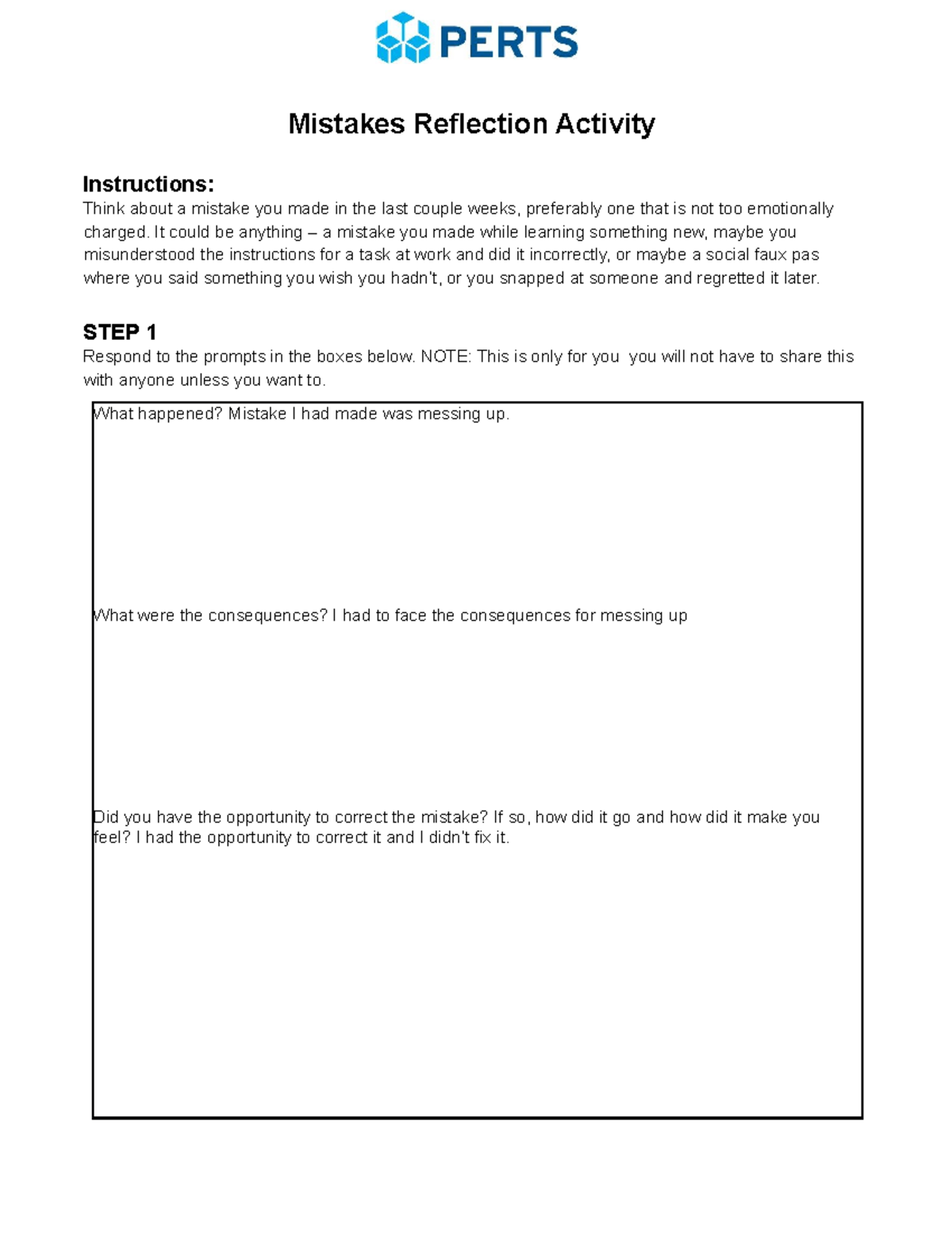 Mistakes Reflection Worksheet eli - Mistakes Reflection Activity ...