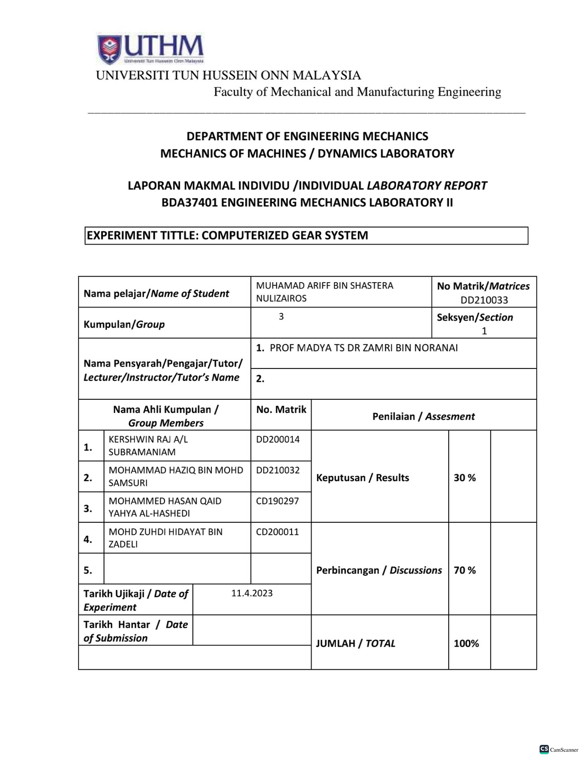 DD210033 LAB 3 Report on Computerized GEAR System Analysis - Studocu