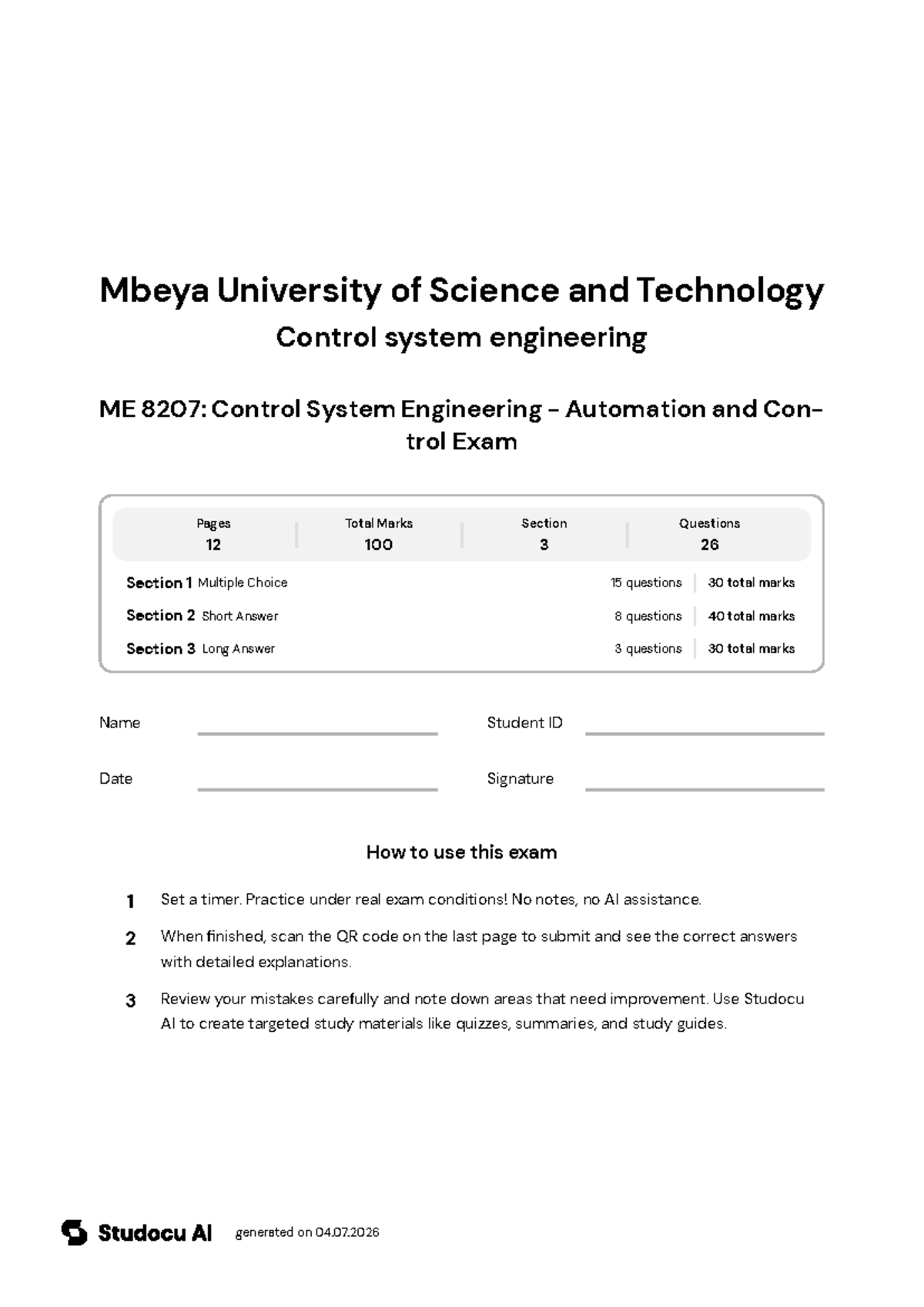 ME 8207: Control System Engineering - Automation Exam - Studocu