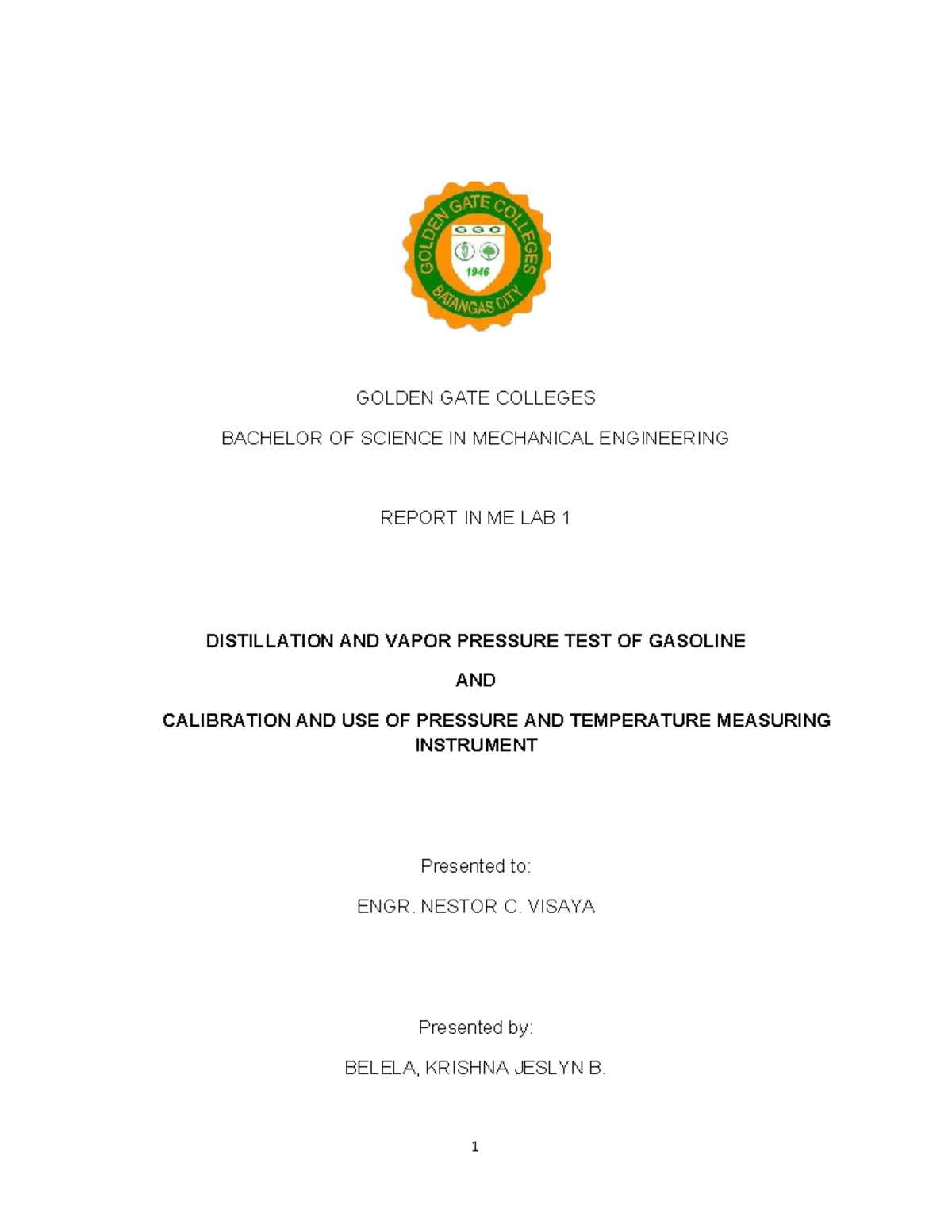 Distillation and Vapor Pressure Test of Gasoline Fuel - ME Lab 1 Report ...