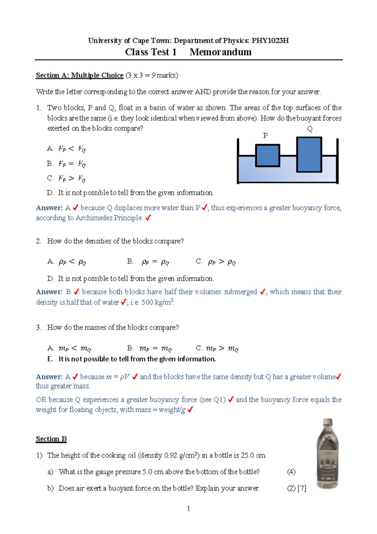 PHY1023H Class Test 1 Memo: Multiple Choice & Explanations - Studocu