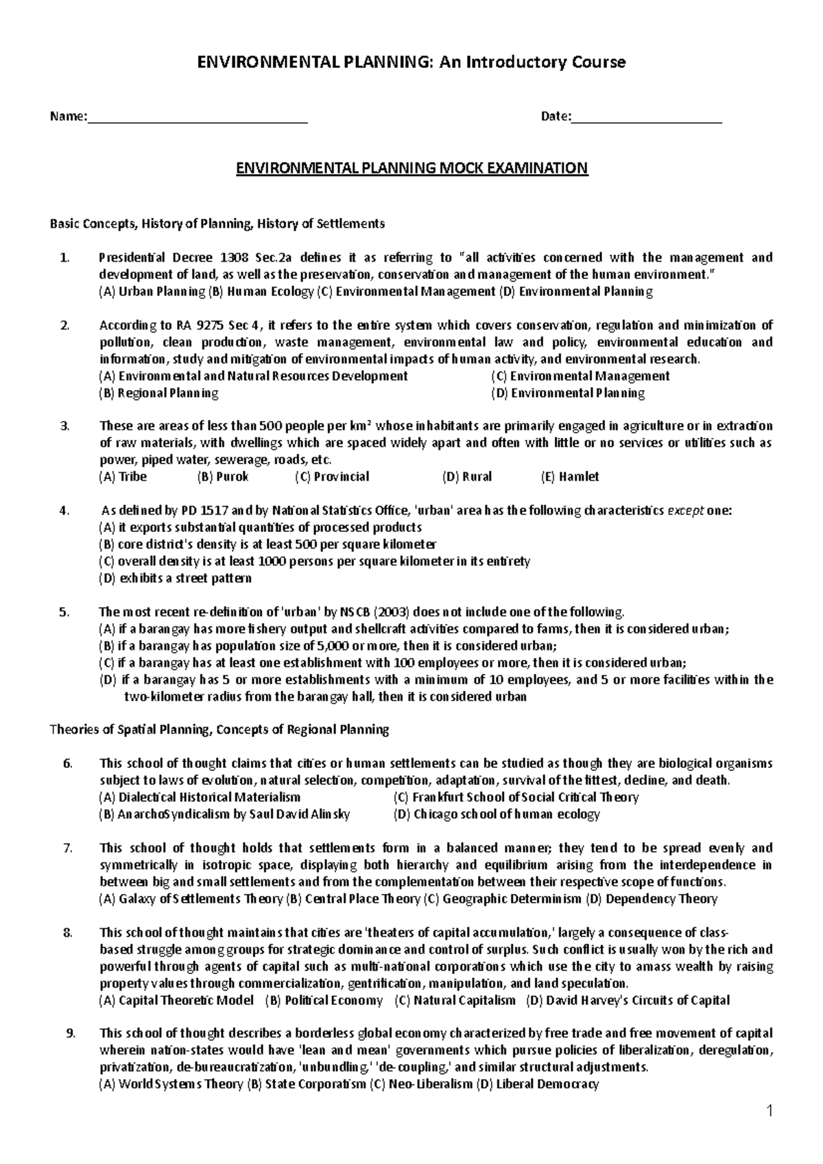 ENVIRONMENTAL PLANNING Mock Exam 4-1-16: 35 Questions & Answers - Studocu