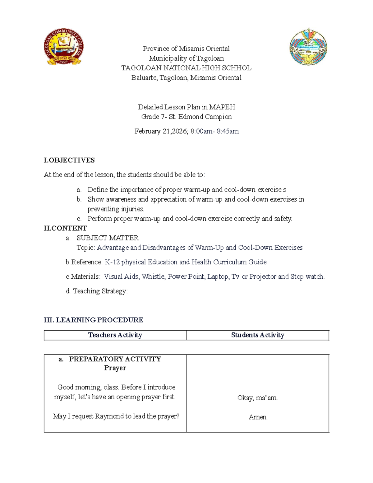 Detailed Lesson Plan in MAPEH (Grade 7) - Advantages & Disadvantages of ...