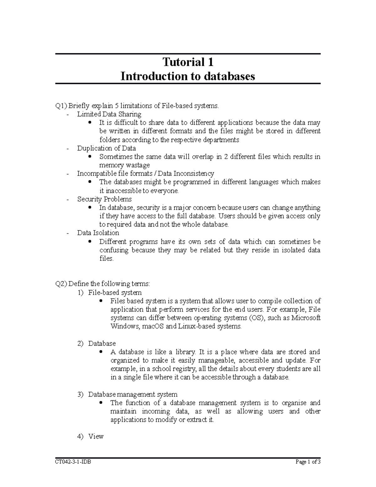 1 Tutorial Introduction to databases - Tutorial 1 Introduction to ...