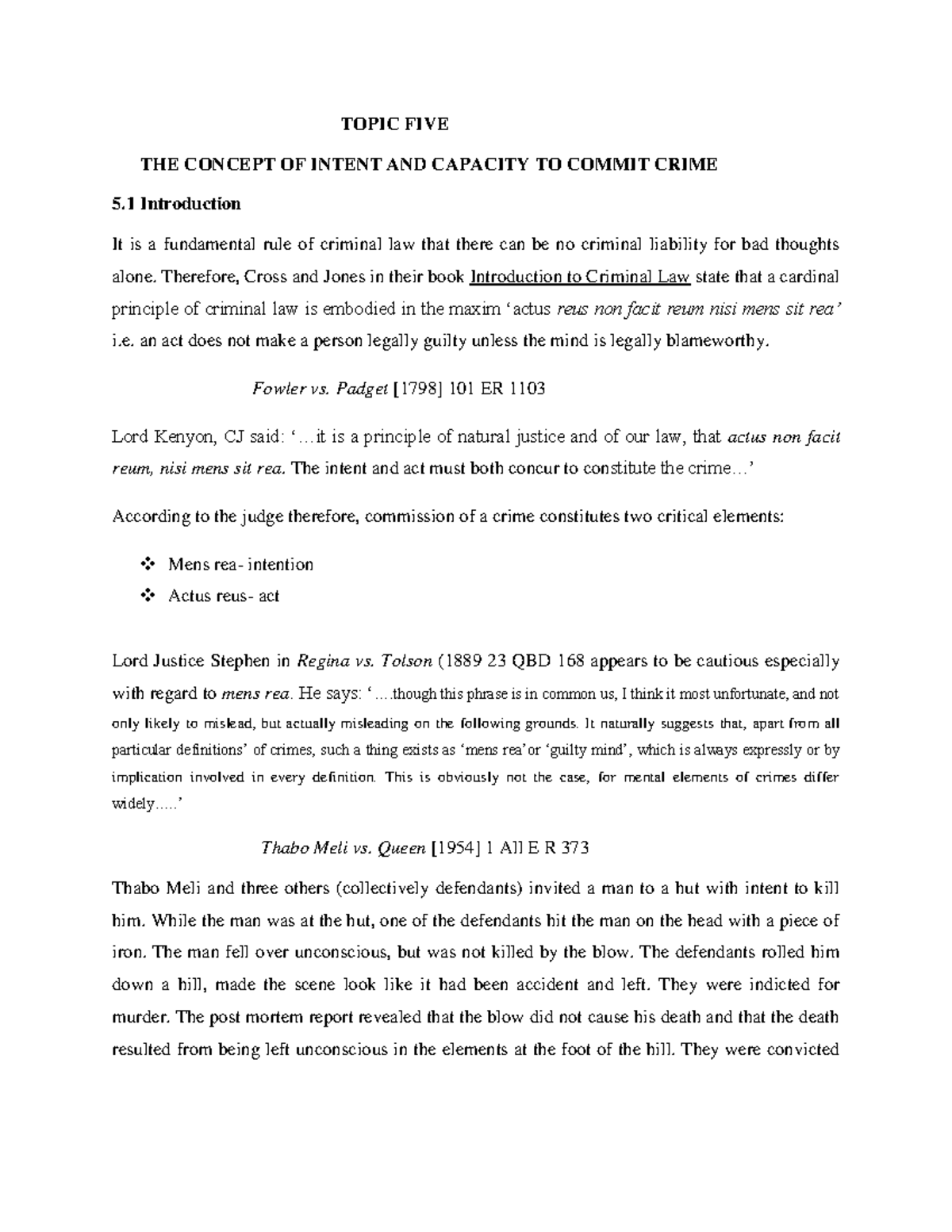 Topic 5 - Intent & Capacity to Commit Crime: Key Legal Principles - Studocu