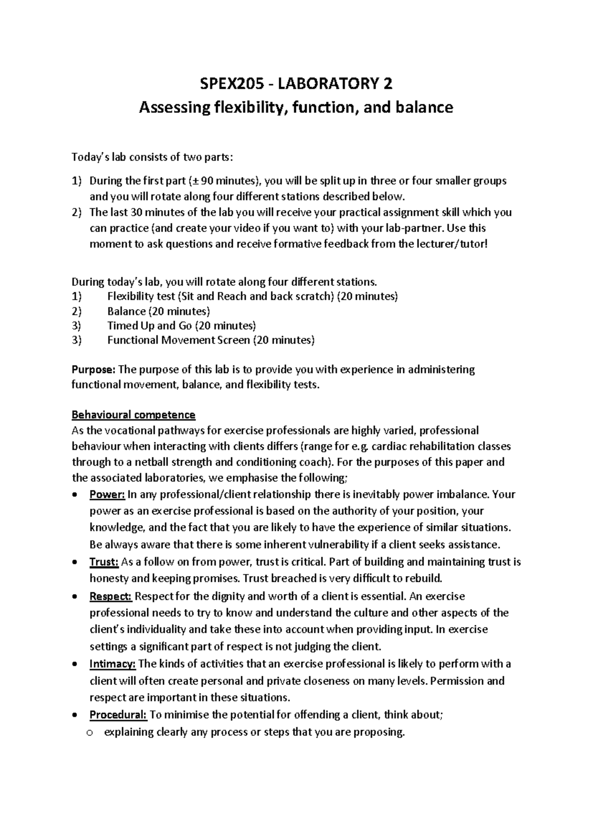 SPEX205 LAB 2: Flexibility, Function, and Balance Assessment Guide ...