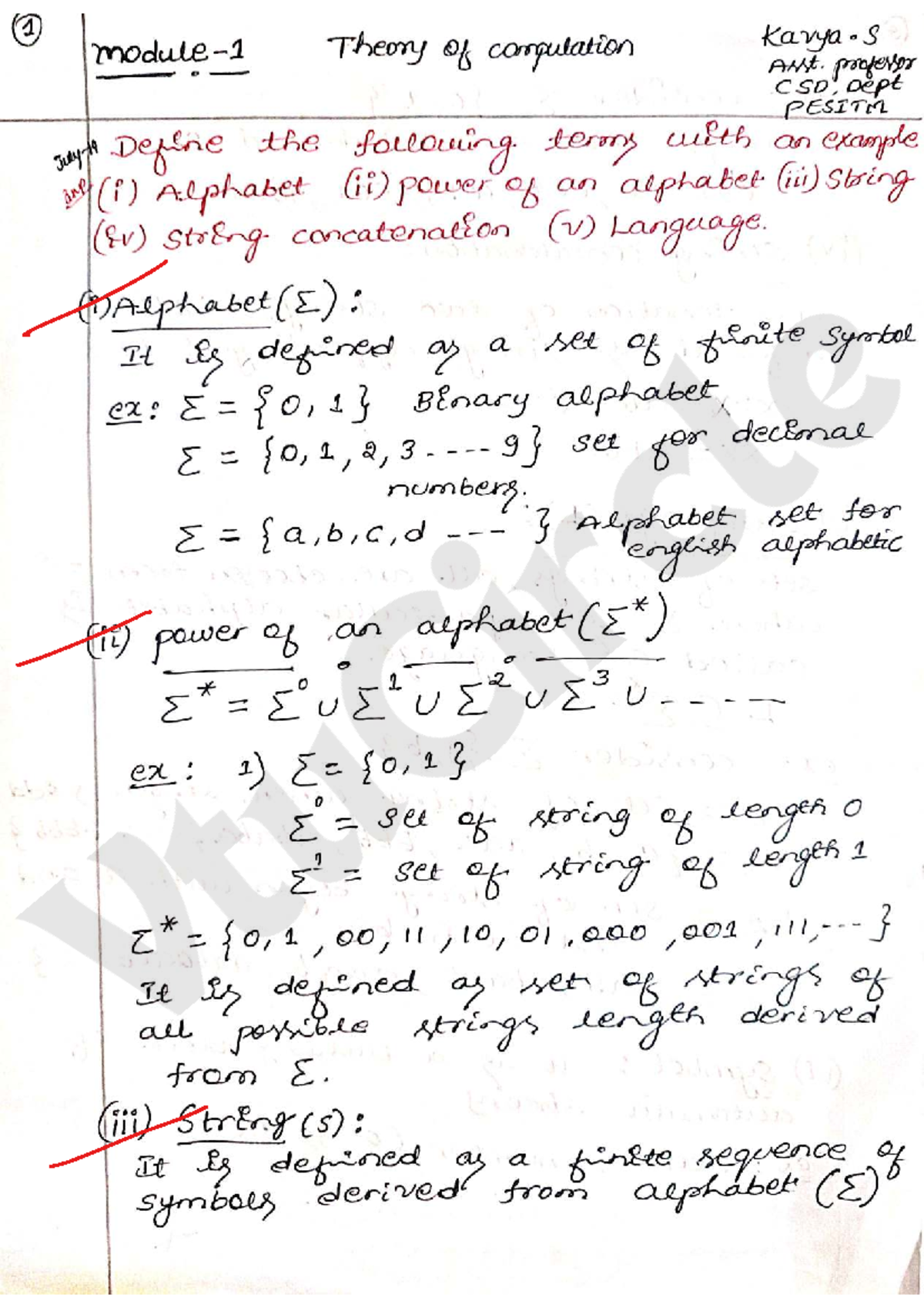 BCS503 Theory of Computation: Key Concepts and Definitions - Studocu