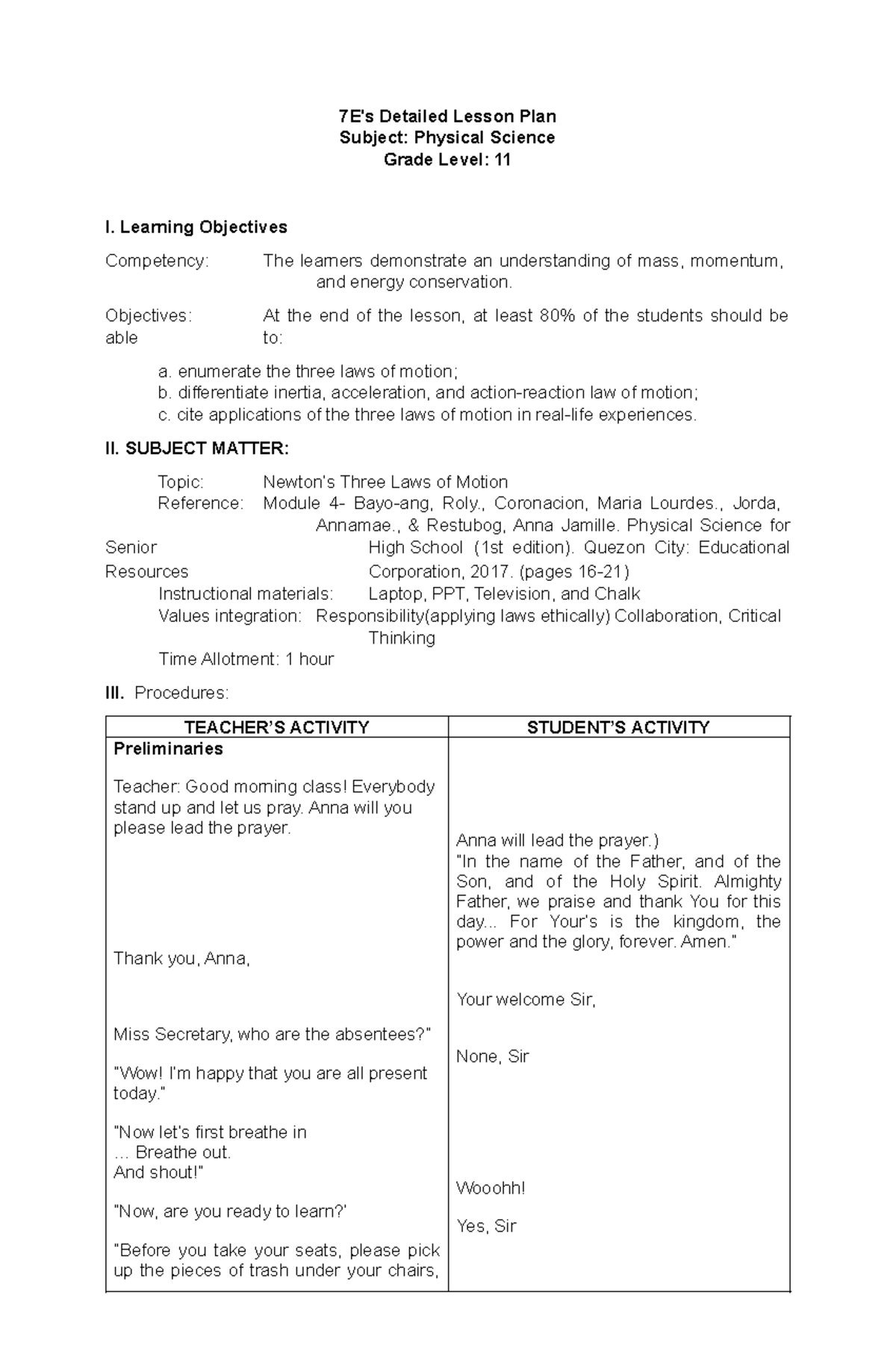 7E's Lesson Plan in Physical Science (Grade 11) on Laws of Motion - Studocu