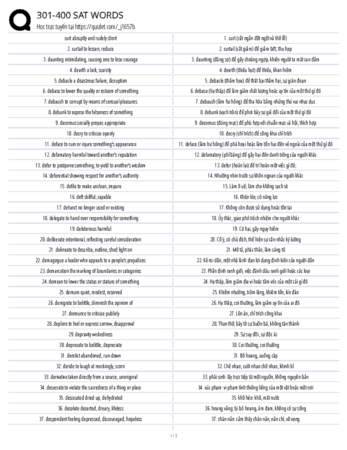 SAT WORDS: Online Learning Vocabulary List and Definitions - Studocu