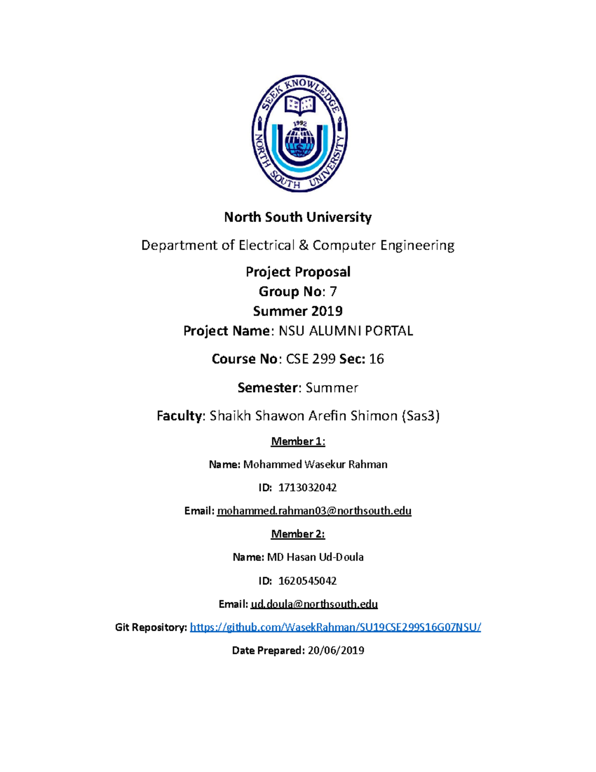 CSE 299 S16 Group 7 Project Proposal: NSU Alumni Portal - Studocu